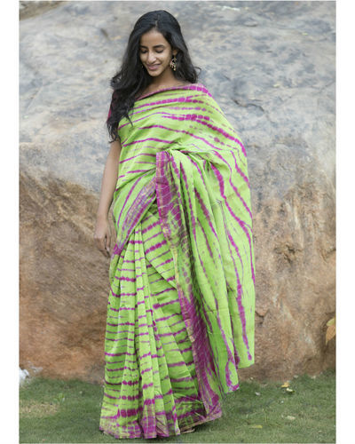 Parrot green and pink chanderi sari by Ek Taara | The Secret Label