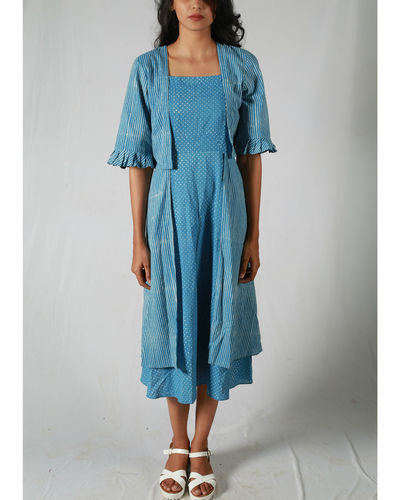 Blue dotted side panel dress with a jacket by Medhya | The Secret Label