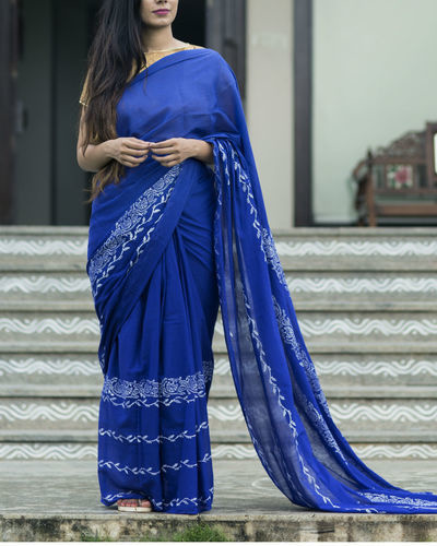 Indigo floral print sari by Kolam | The Secret Label