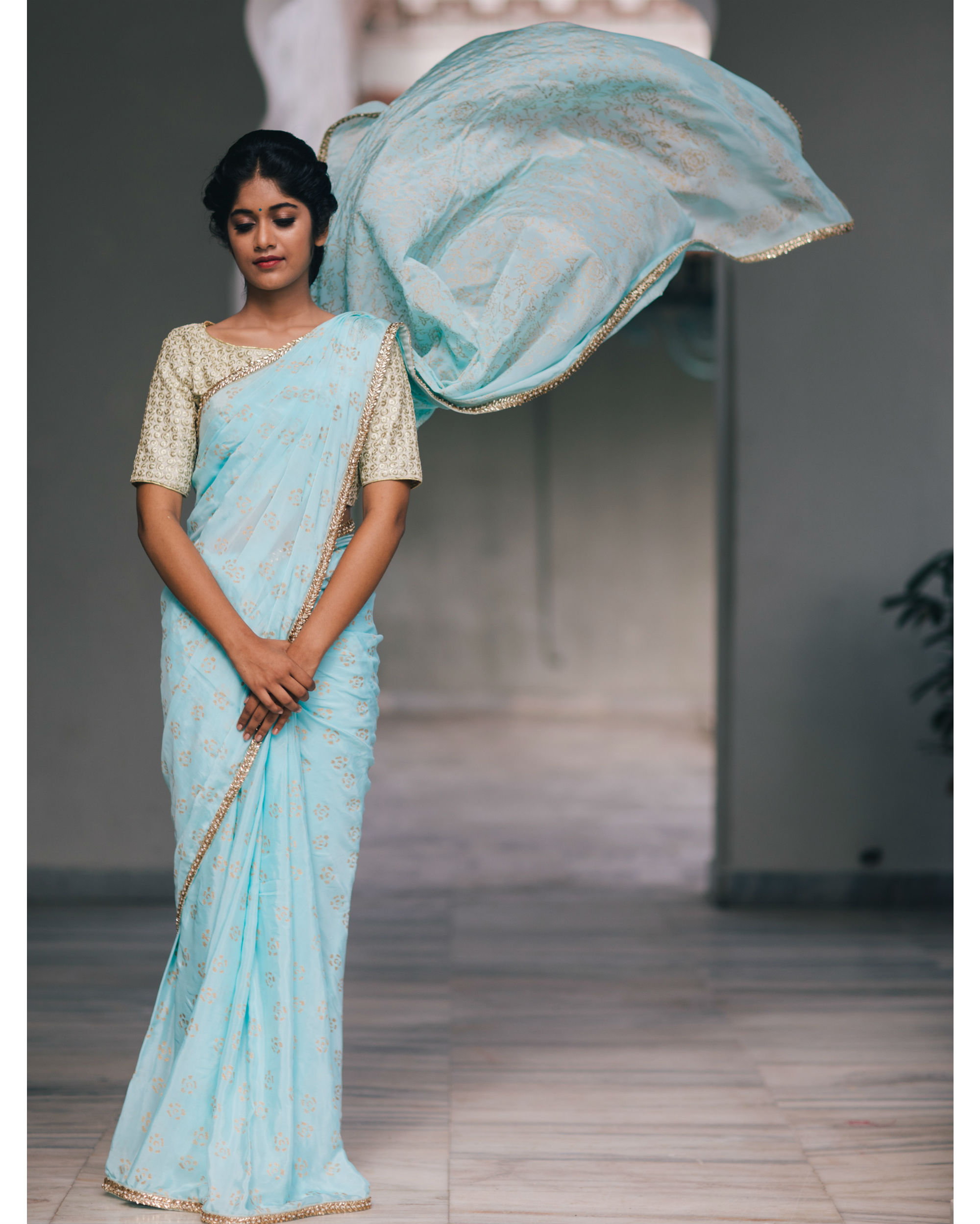 Celestial blue and gold sari by Kolam | The Secret Label