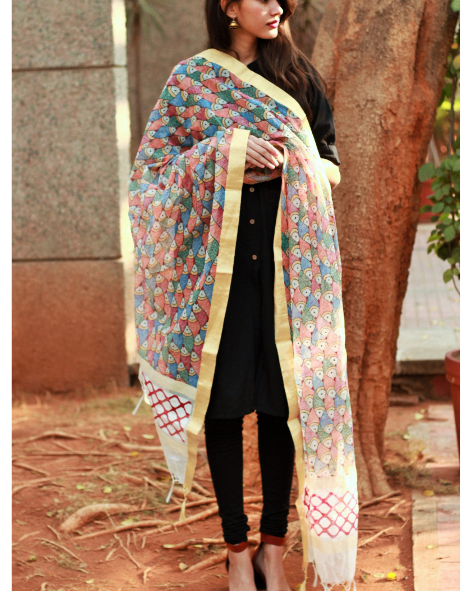 Madhubani multi colored fish dupatta by Arts of India | The Secret Label