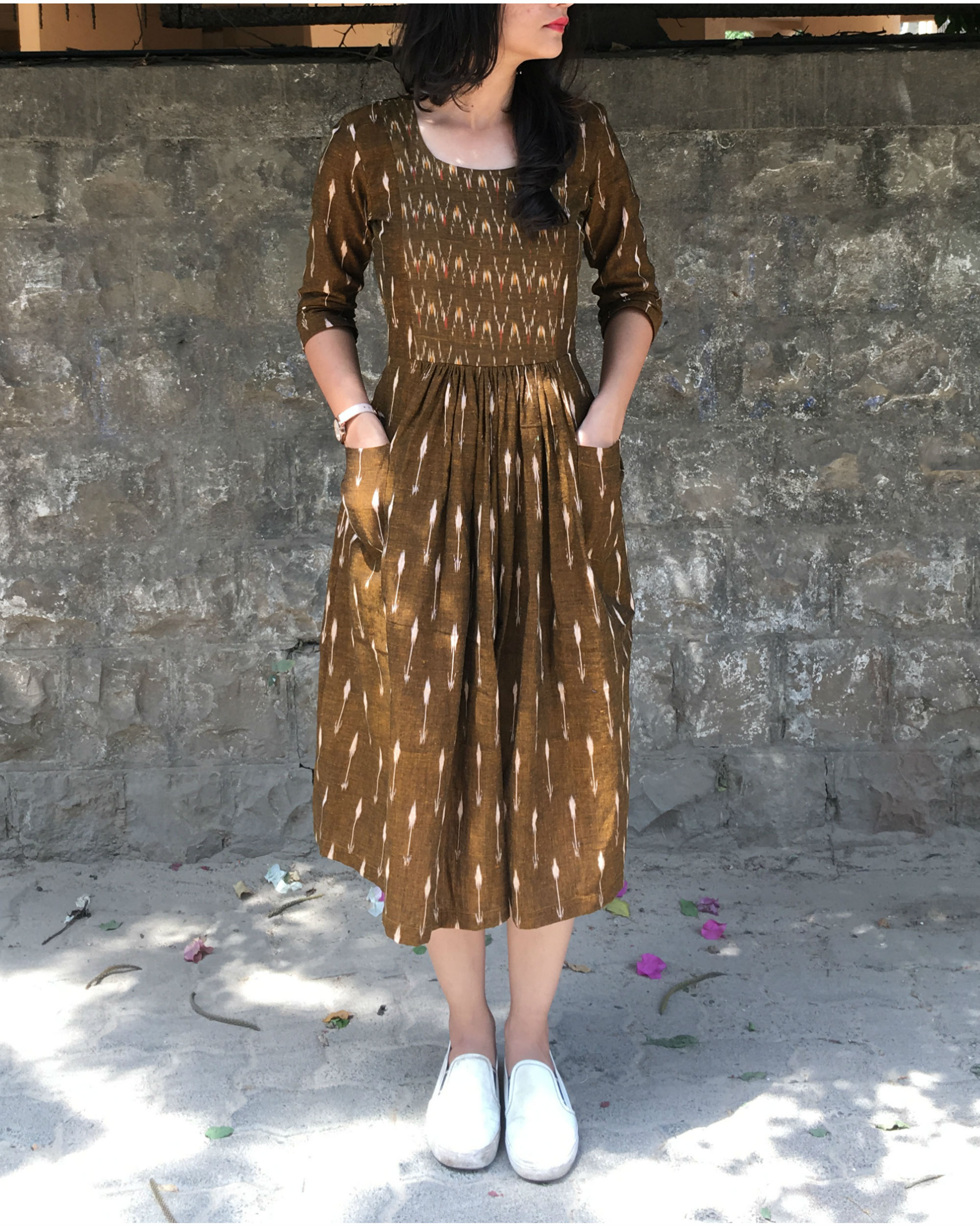 Carob handwoven ikat dress by Threeness | The Secret Label