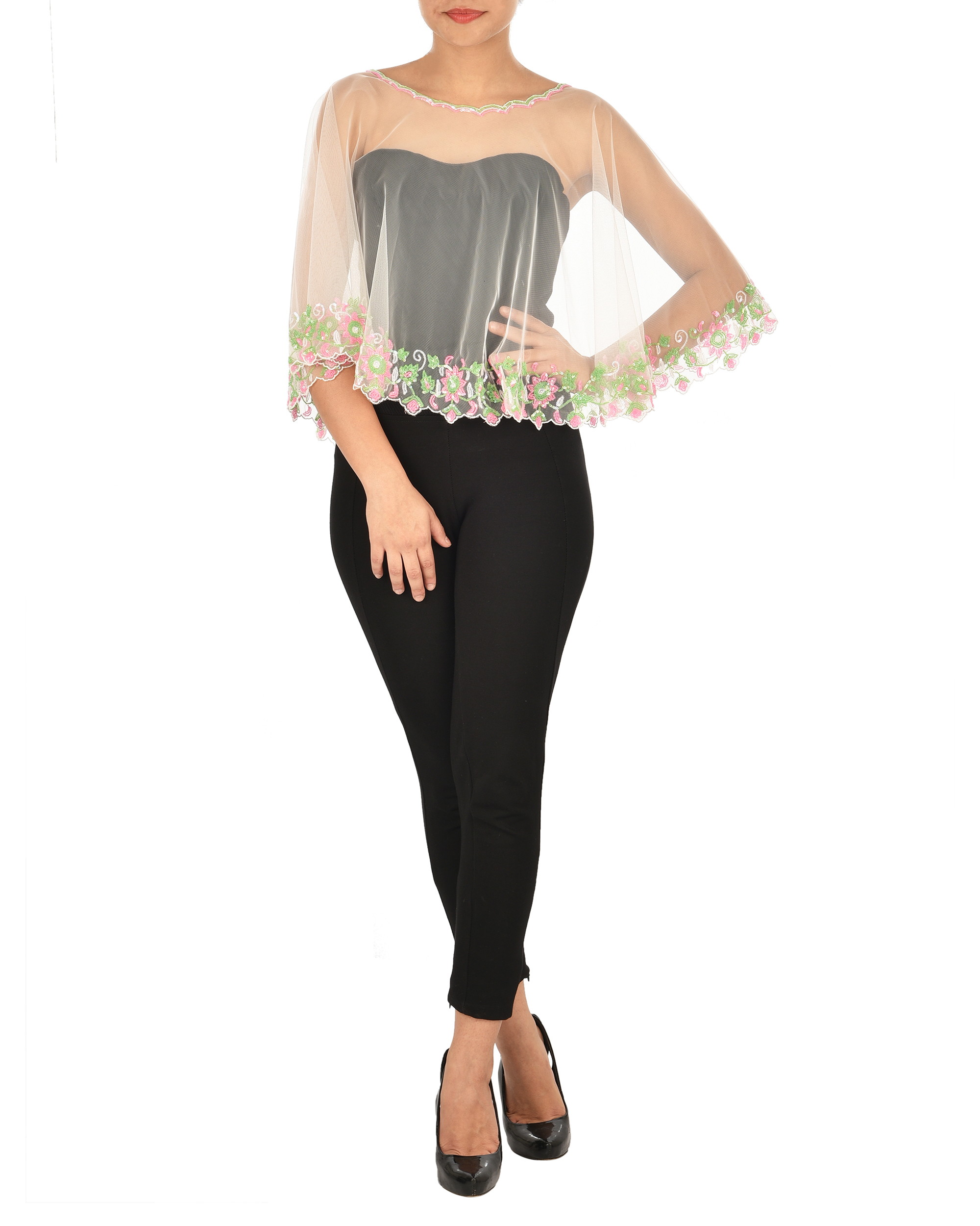 White net cape with green and pink sequins by Dressy Owl | The Secret Label