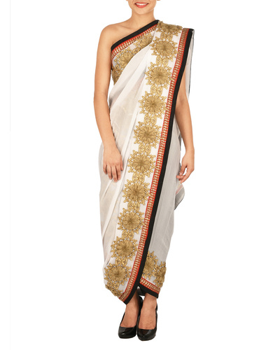 Ivory chiffon draped sari by Dressy Owl | The Secret Label