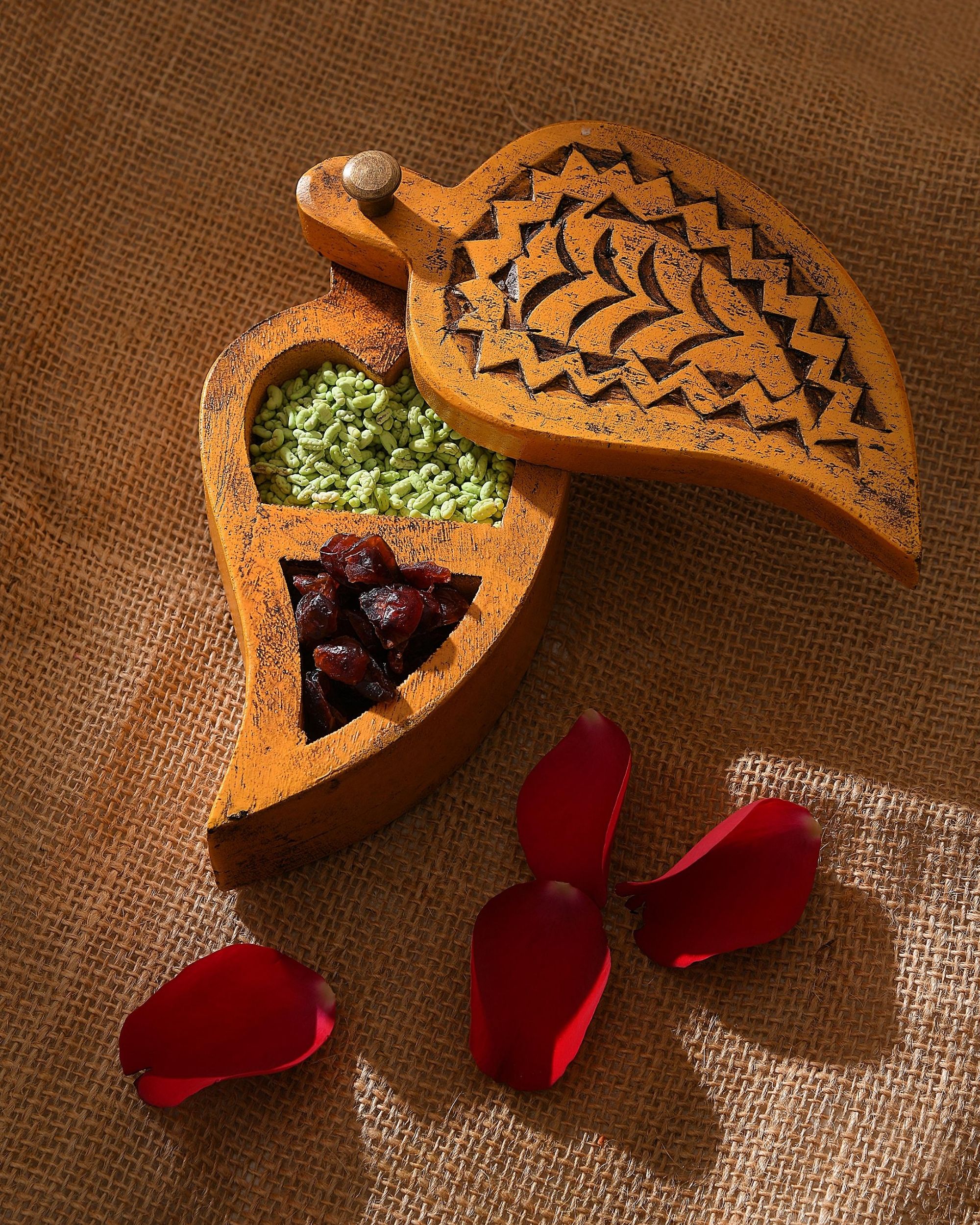 Yellow leaf shaped carved wooden box by Amoliconcepts | The Secret Label