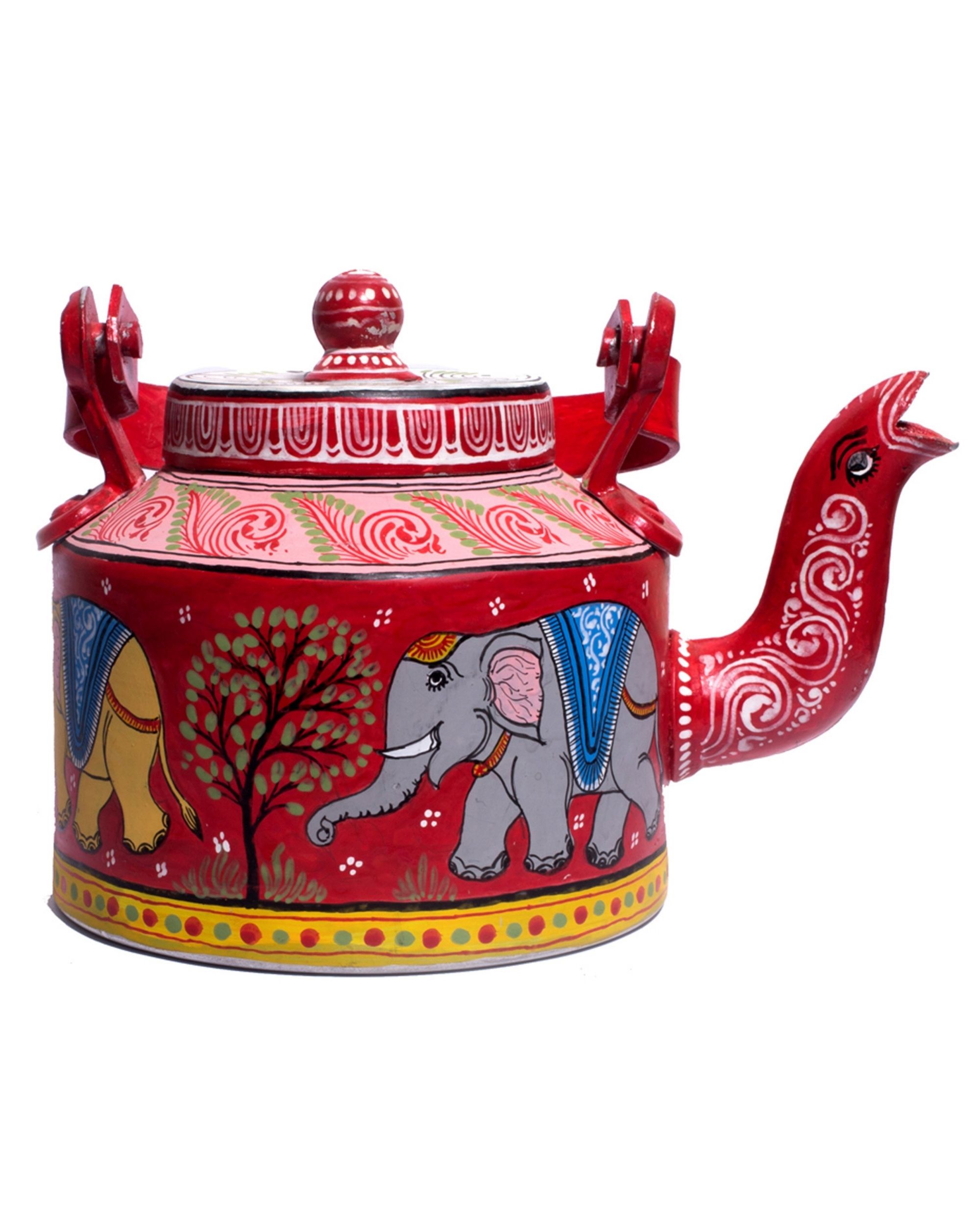 Red elephant pattachitra teapot by Vintage Vistara | The Secret Label