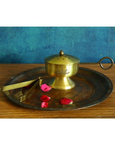 Leaf engraved antique brass fumer with tong - set of two by ...