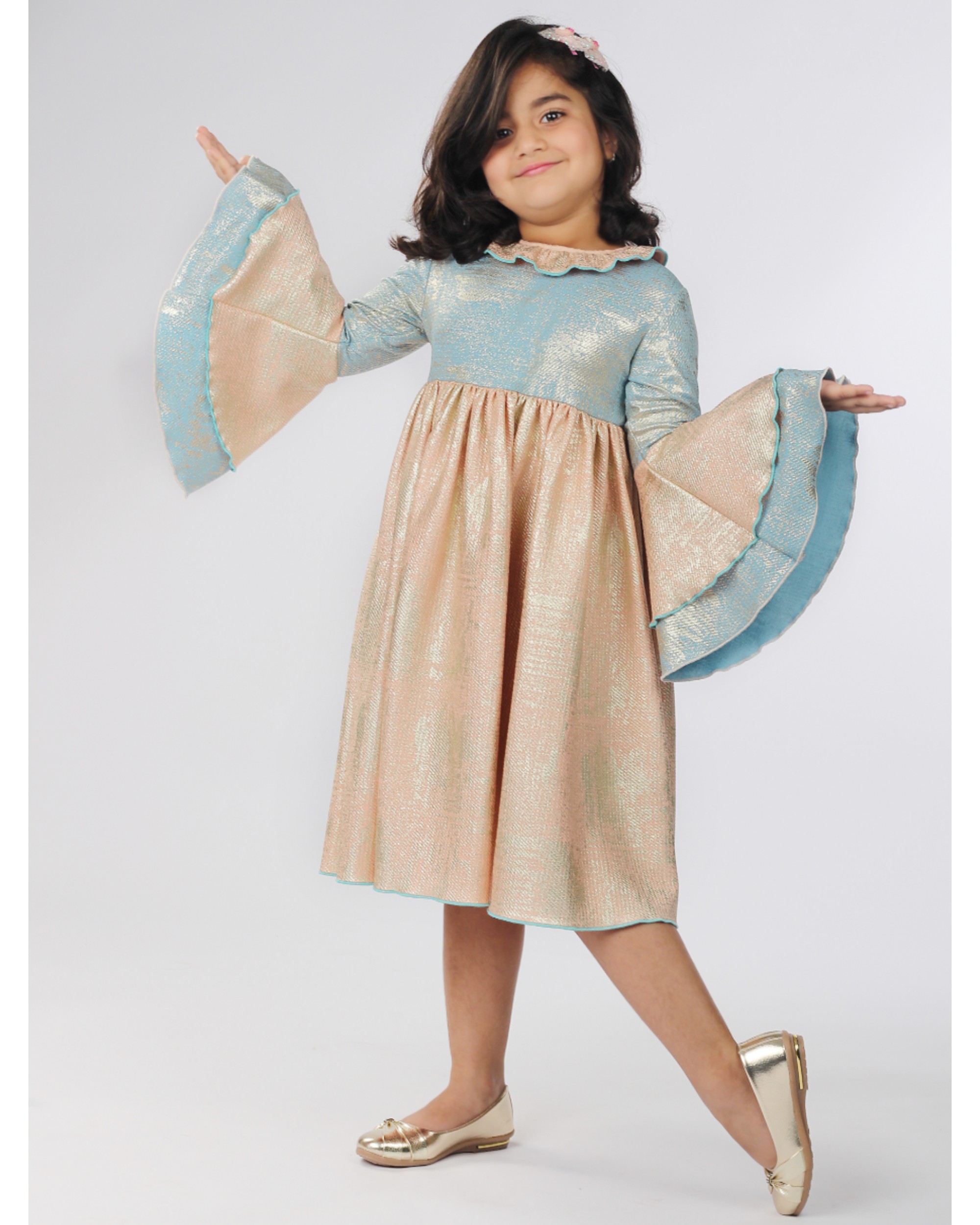 Powder blue and peach foil printed dress by Bloomary | The Secret Label