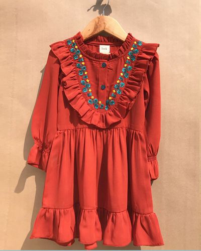 Rust embroidered skater dress by Luyk | The Secret Label