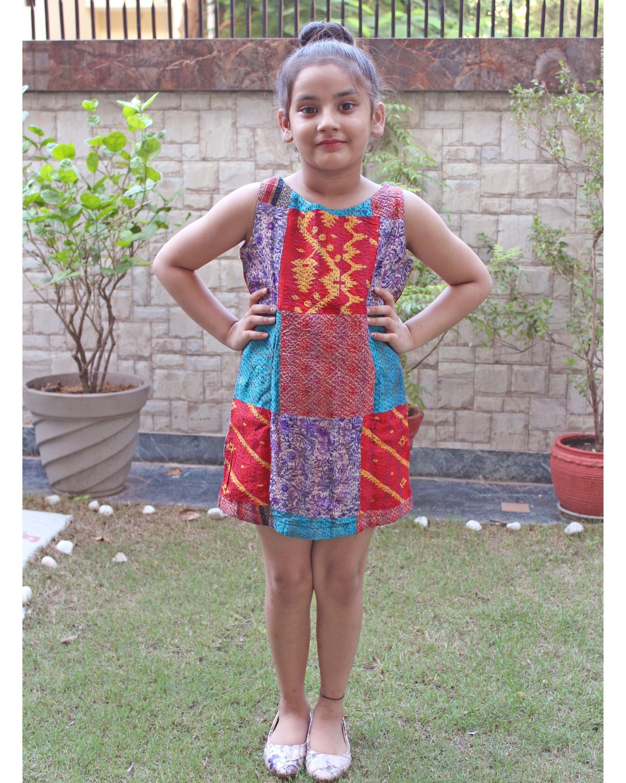 Multicolour silk kantha embroidered shift dress by Simply Kitsch | The ...