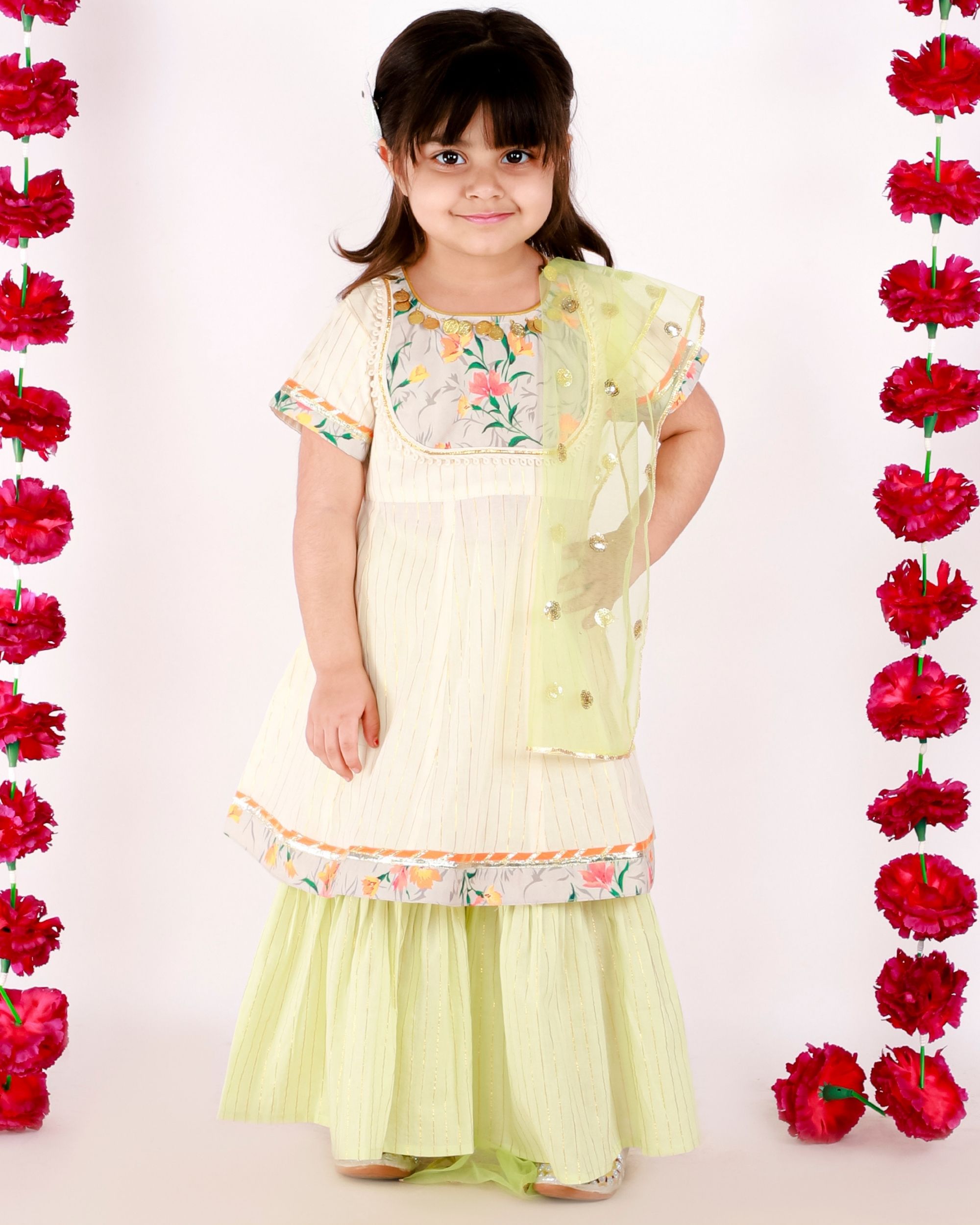 Cream and green sikka work gold strip frock kurta and sharara with ...