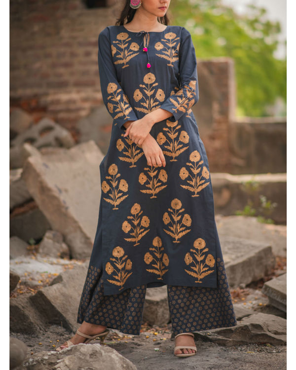 Grey Block Printed Kurta by Purple Panchi | The Secret Label