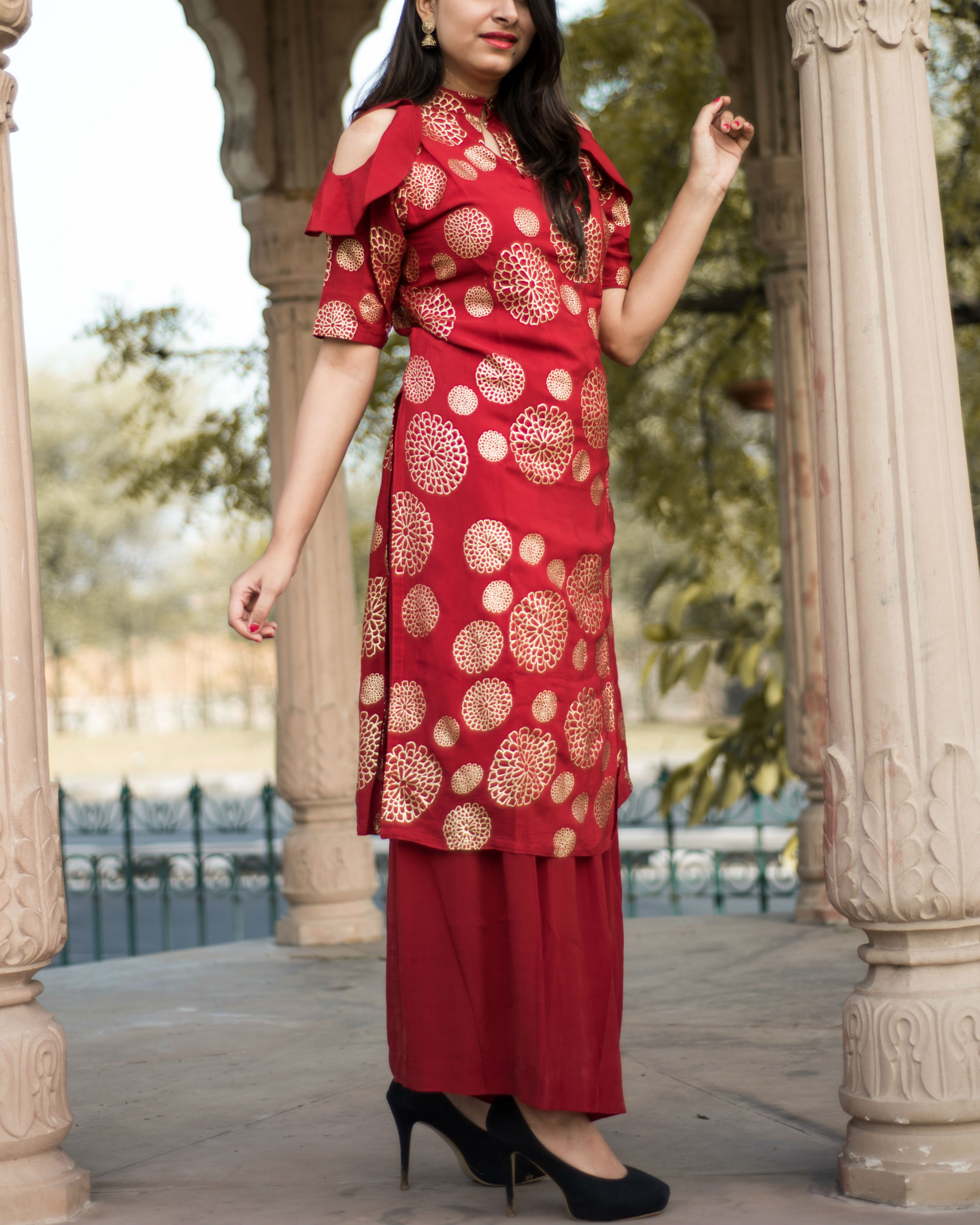 Red cold shoulder kurta set by Label Nitika | The Secret Label