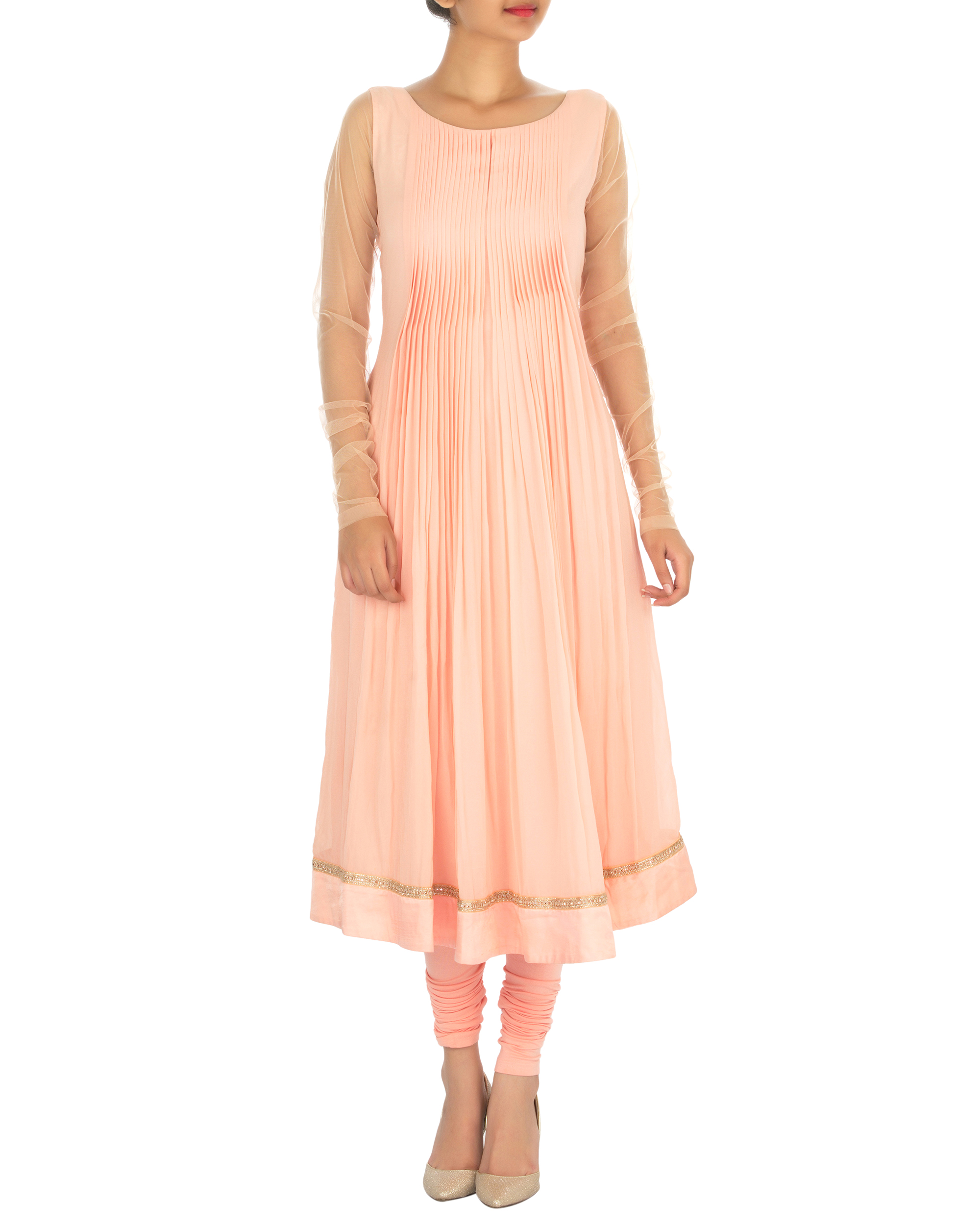 Peach pleated georgette kurta set by RSVP | The Secret Label