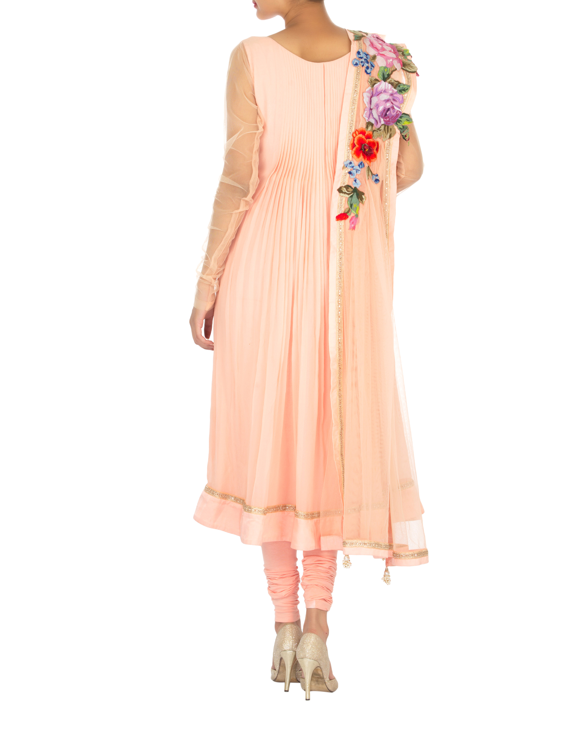 Peach pleated georgette kurta set by RSVP | The Secret Label
