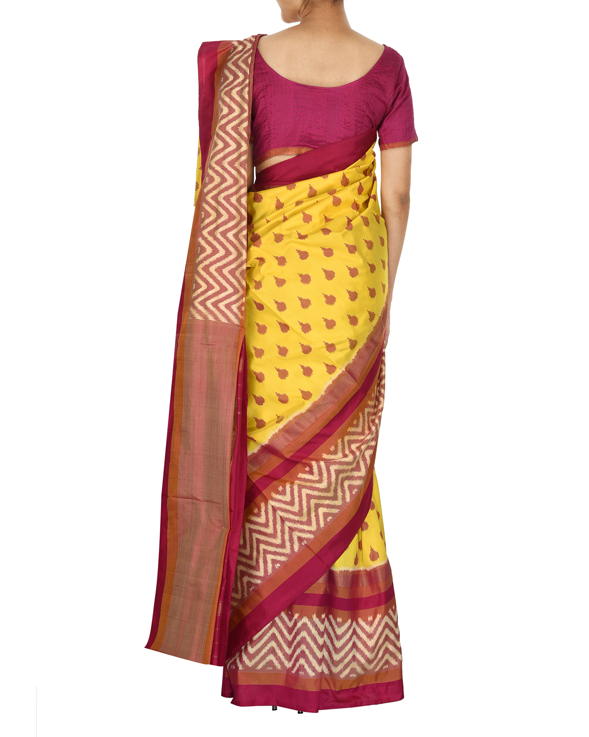 Yellow pink ikat sari by Weaves Of India | The Secret Label