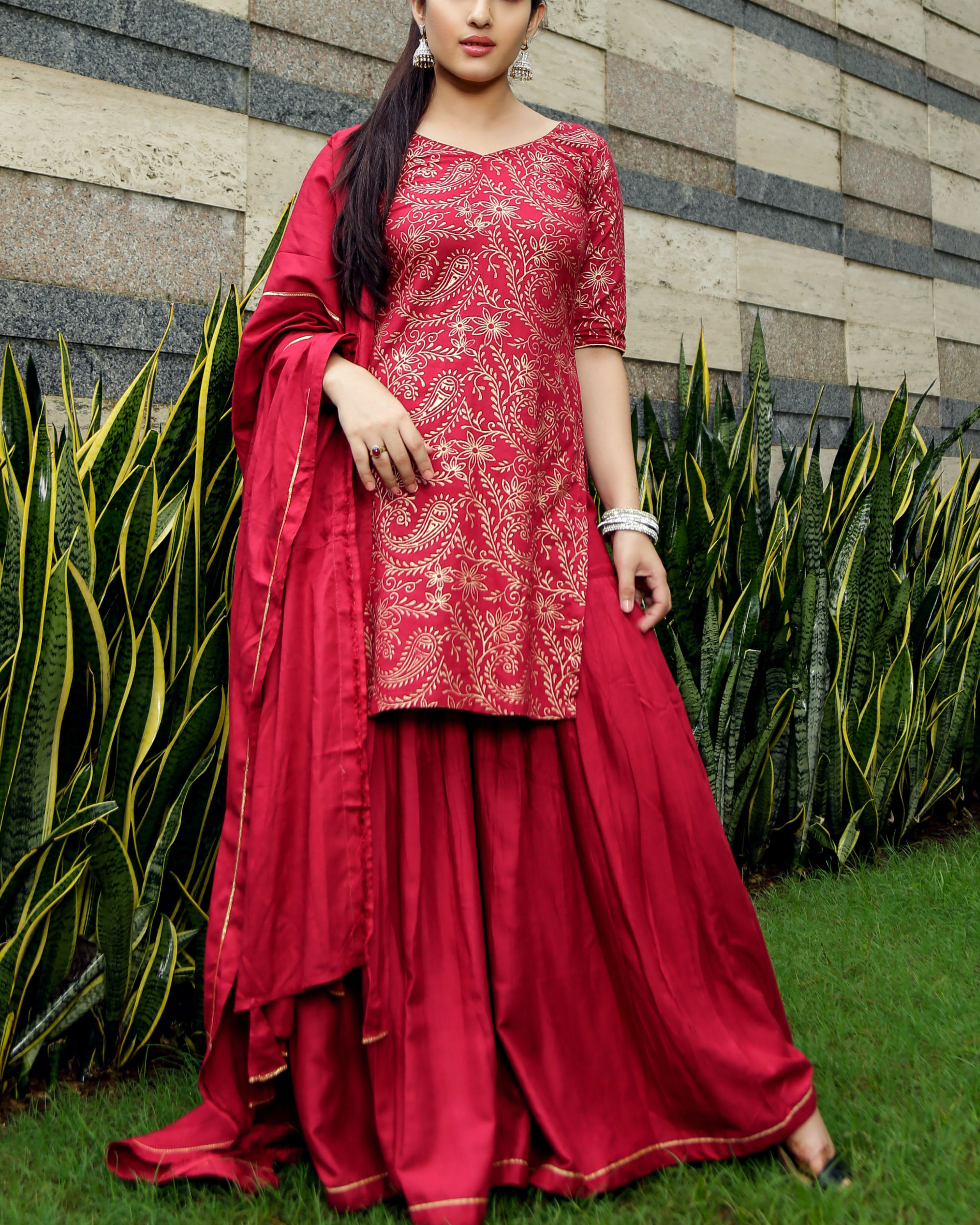 Maroon sharara suit set by Floral Tales | The Secret Label