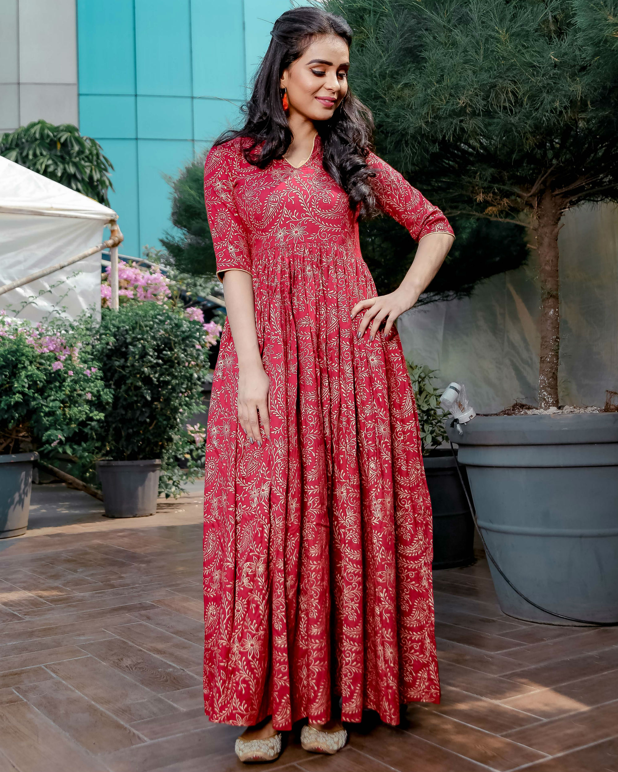 Maroon golden print maxi dress by Floral Tales | The Secret Label