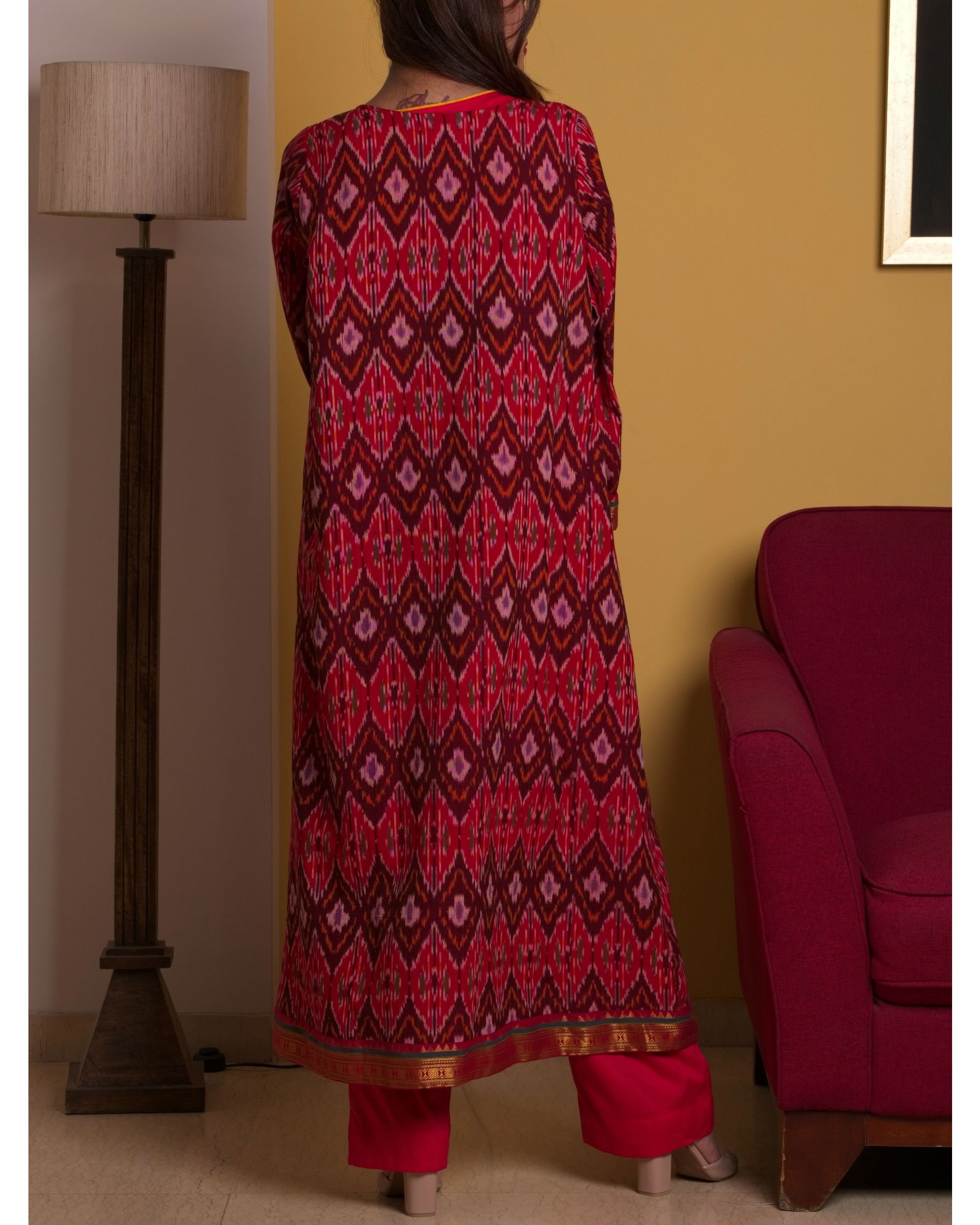 Red kurta set with ikat jacket by Free Living | The Secret Label