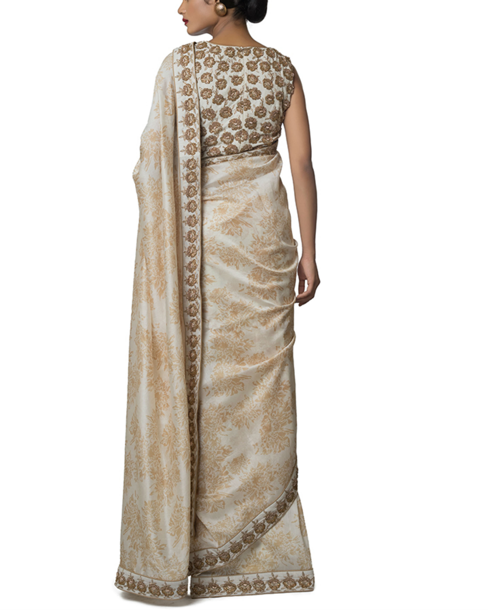 Beige hand painted sari by DEBARUN | The Secret Label