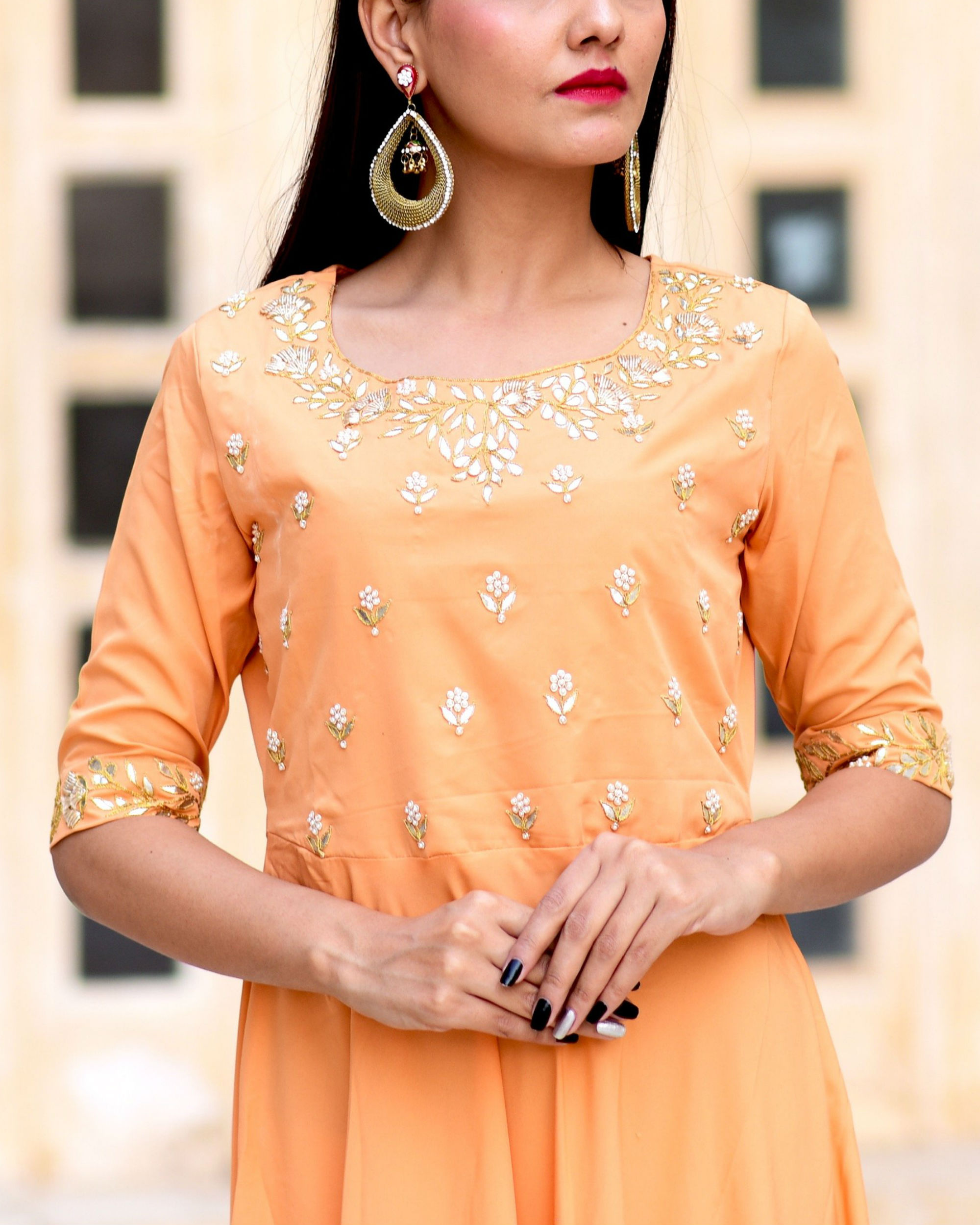 Peach gold hand work dress by Thread and Button | The Secret Label