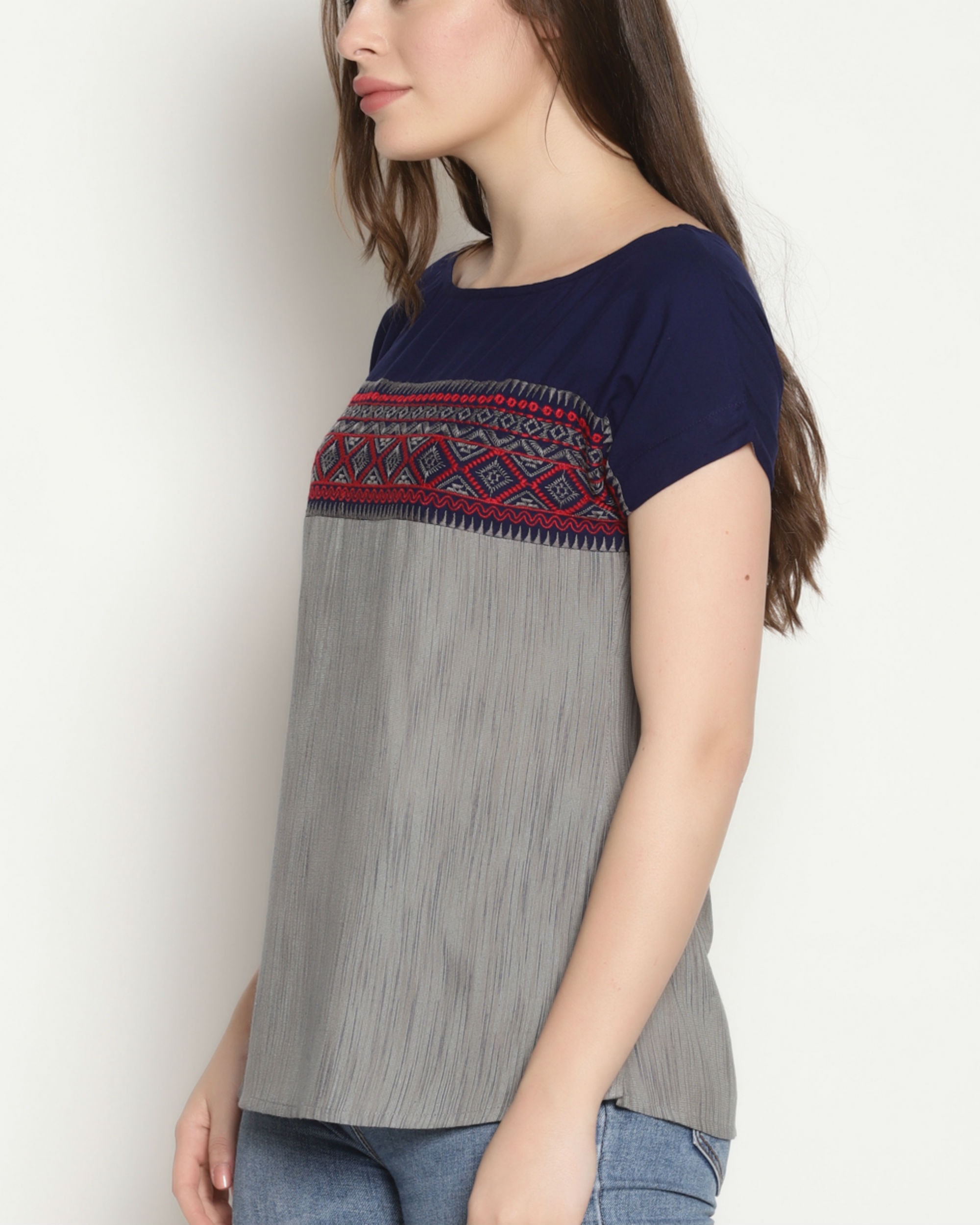 Grey and blue embroidered top by UNTUNG | The Secret Label