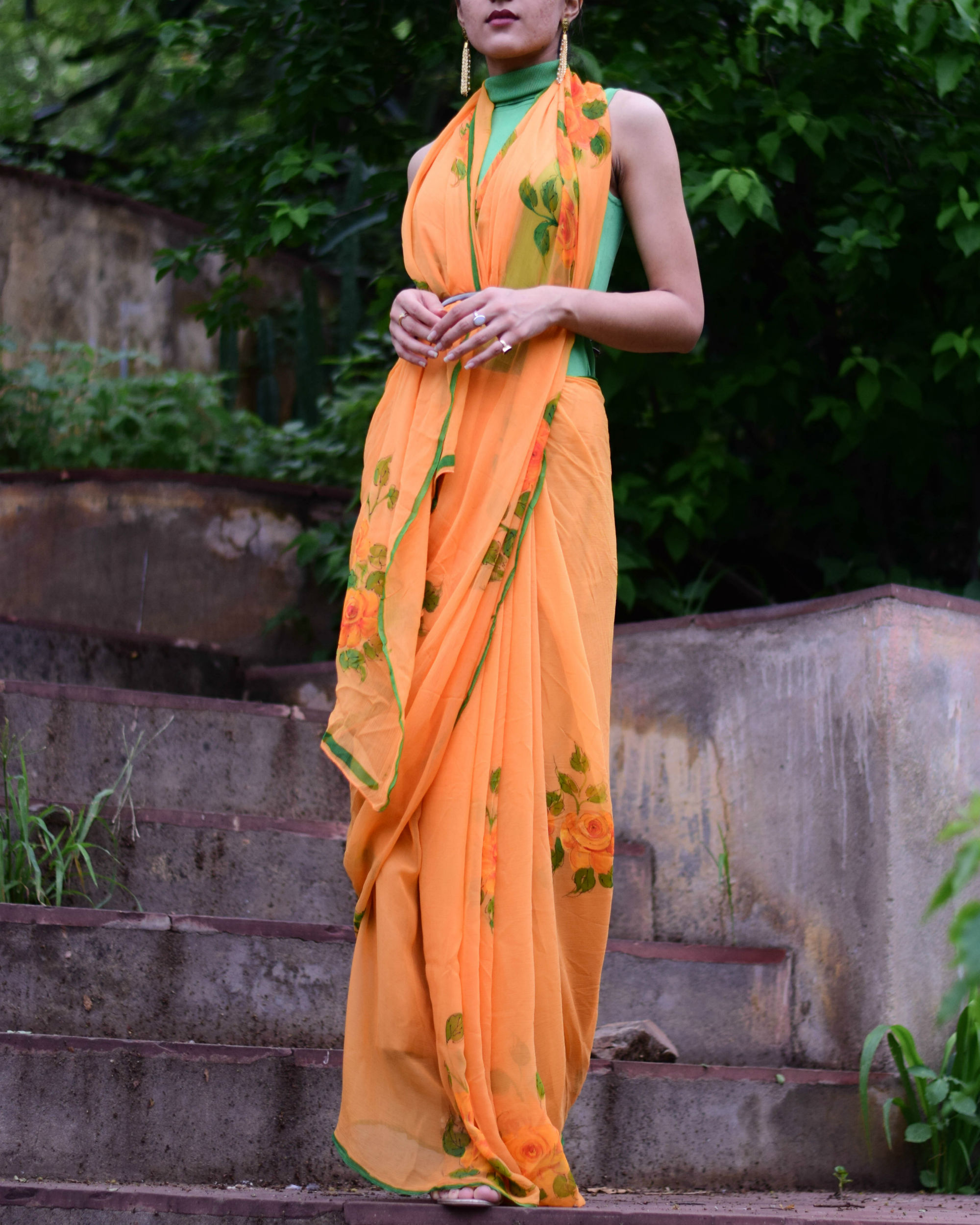 Tangy orange chiffon sari by Maison Shefali | The Secret Label