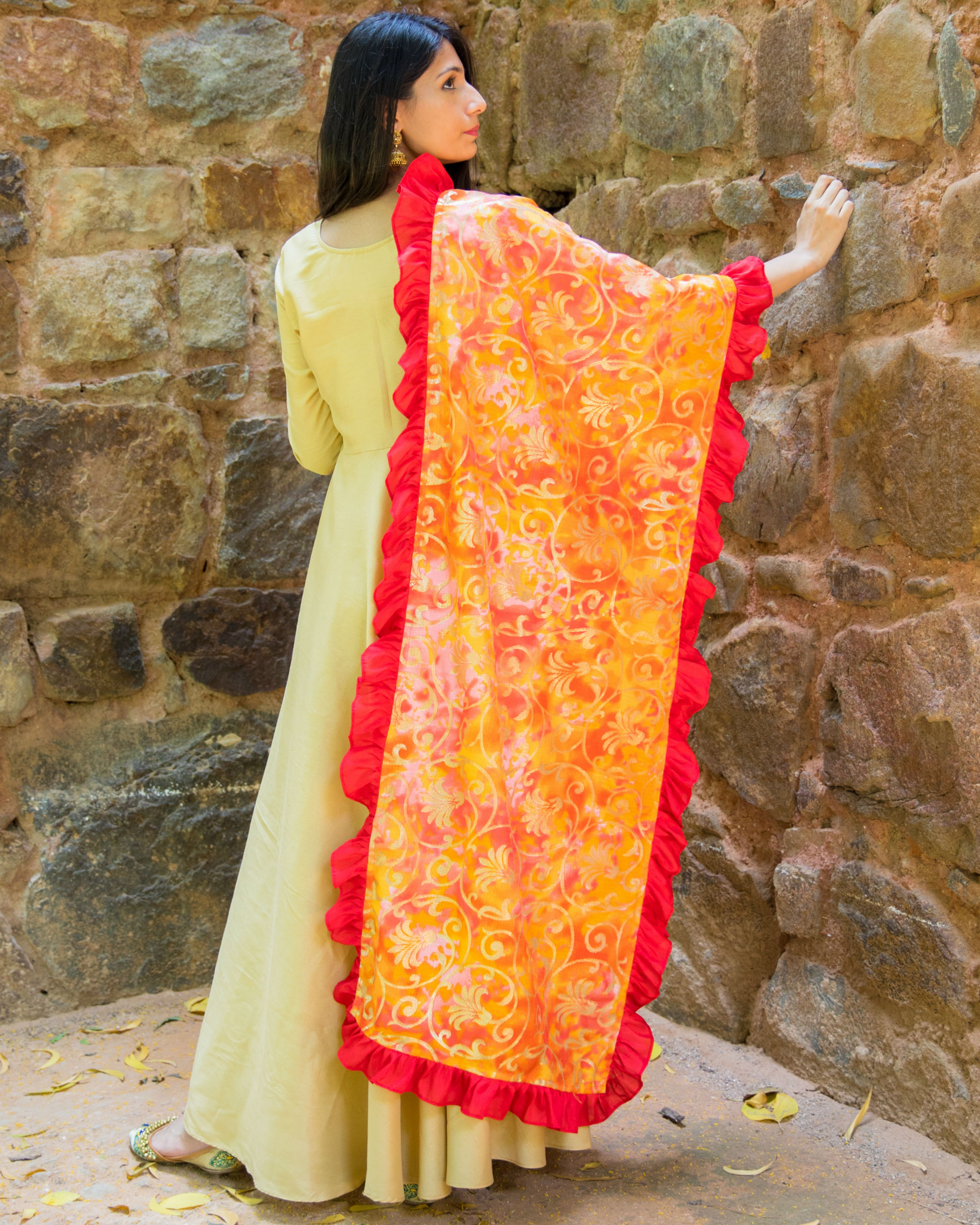 Beige Anarkali With Red Frill Dupatta By Empress Pitara The Secret Label