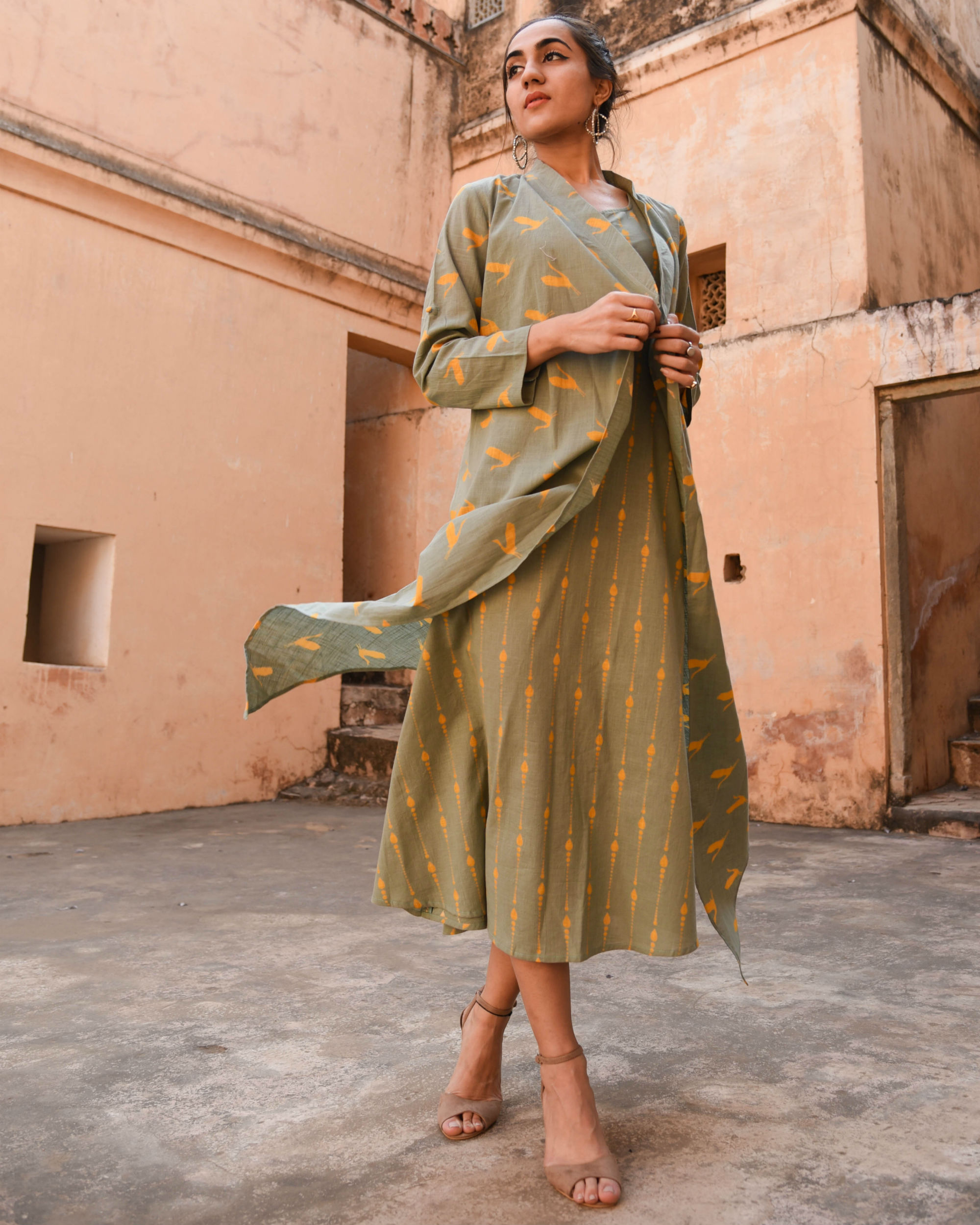 Pista green yellow motif dress by Keva | The Secret Label