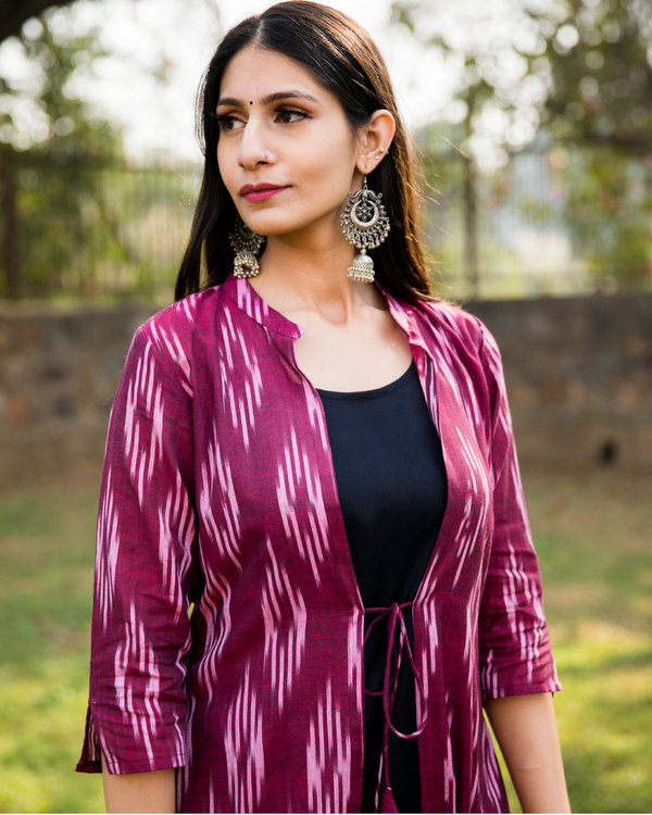 Black and maroon ikat jacket set by Empress Pitara | The Secret Label