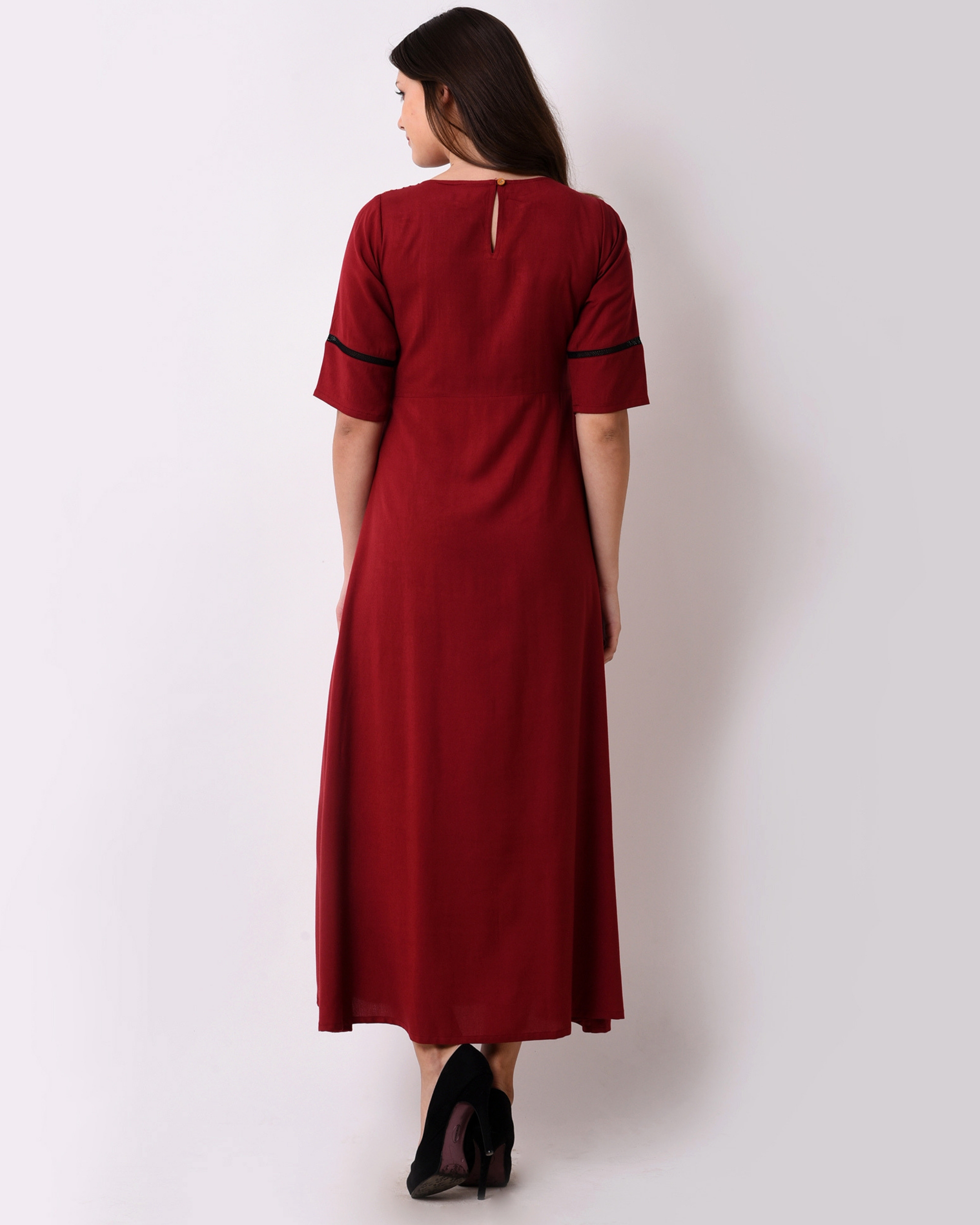 Maroon geo-embroidered maxi dress by Vritta | The Secret Label