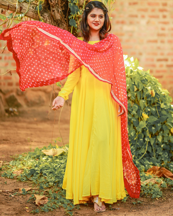 Bright Yellow Flared Dress With Red Bandhani Dupatta Set Of Two By