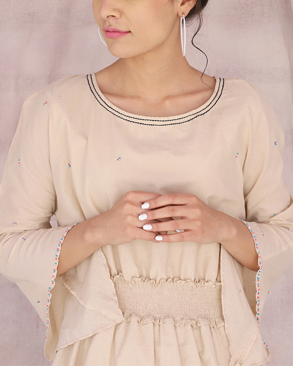 Beige embroidered contrast dress by Red Cherry | The Secret Label