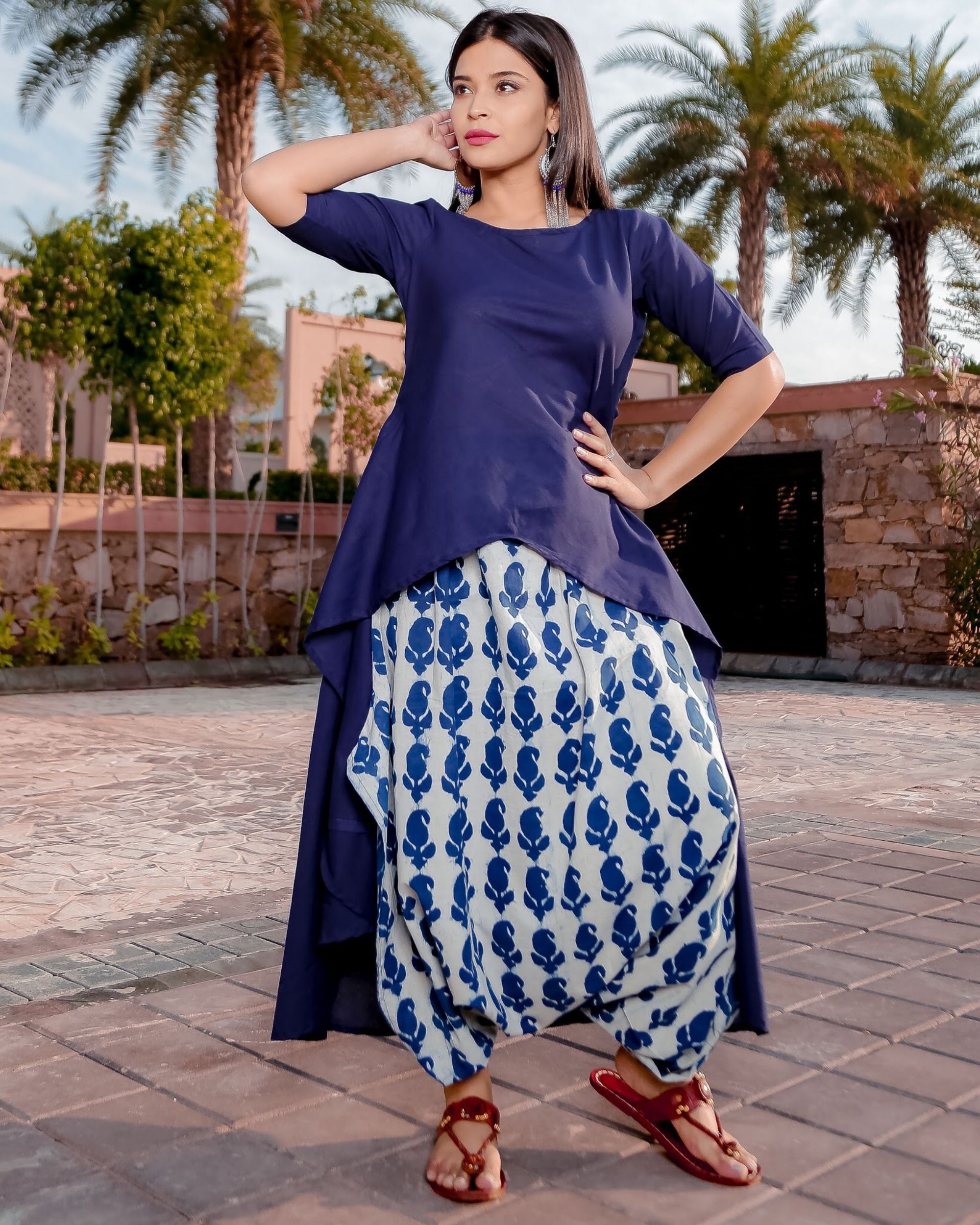 Blue high low dhoti set - set of two by Ambraee | The Secret Label
