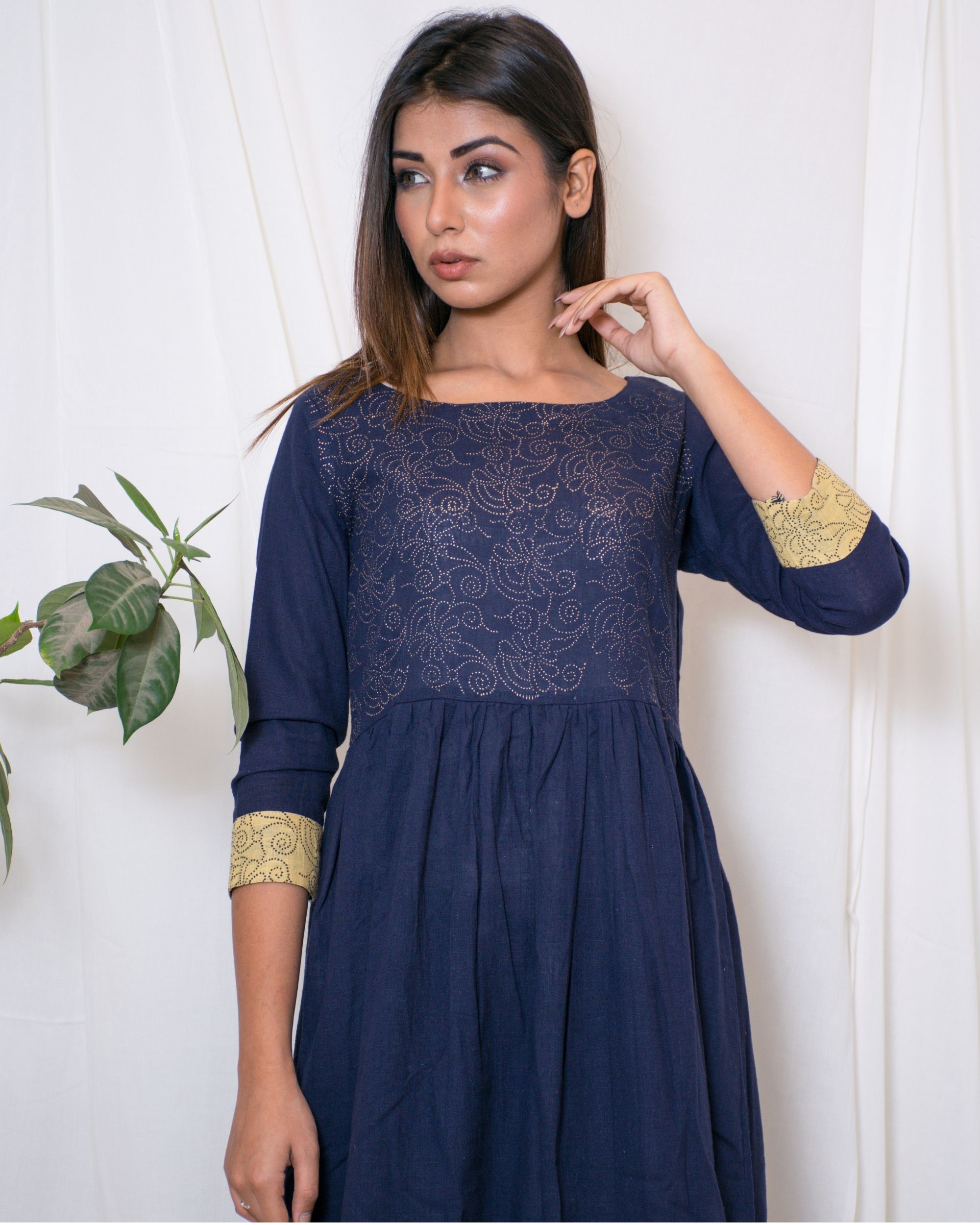 Navy blue block print motif dress by Chokhi Bandhani | The Secret Label