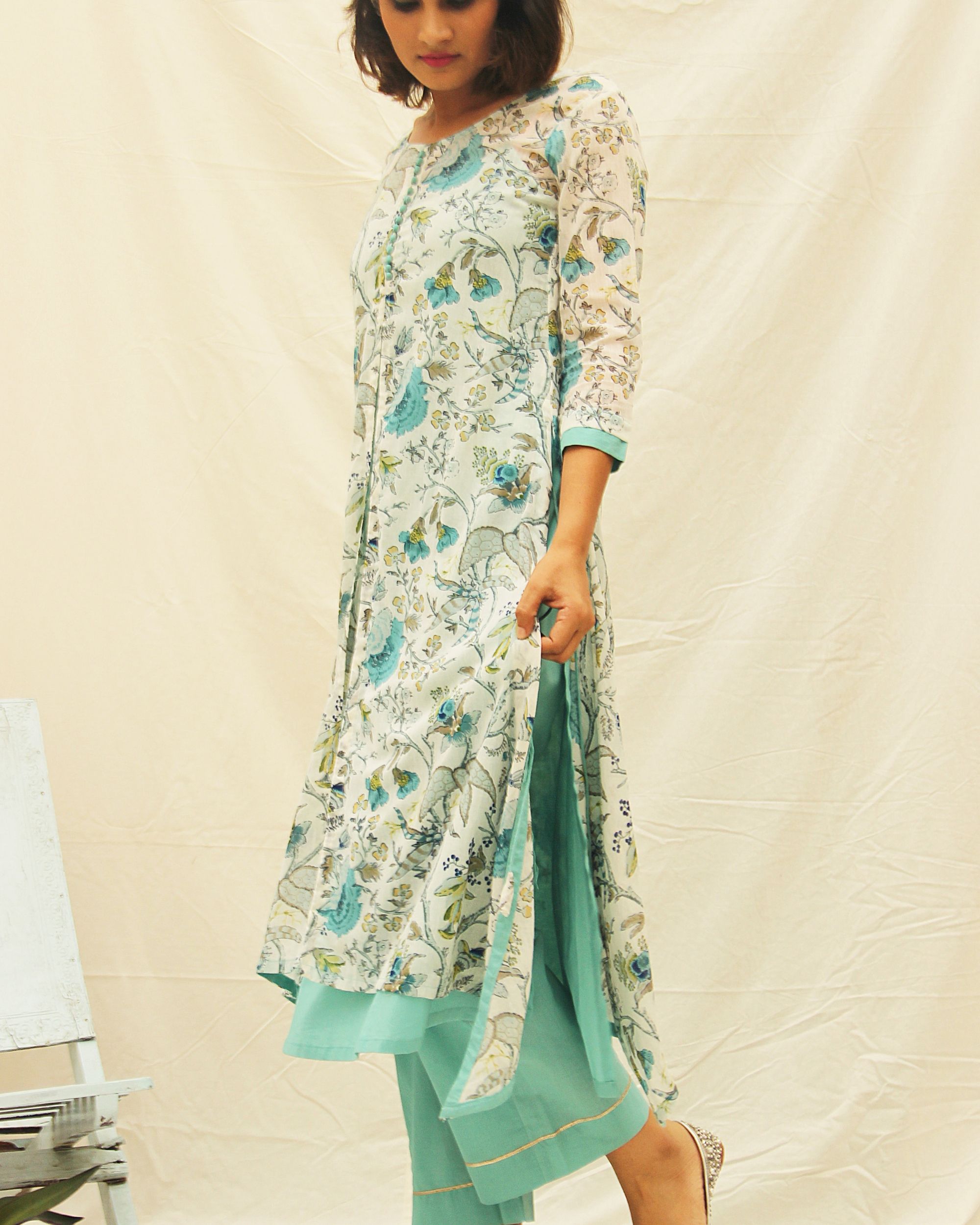 Blue floral print suit-set- set of two by BAISE GABA | The Secret Label