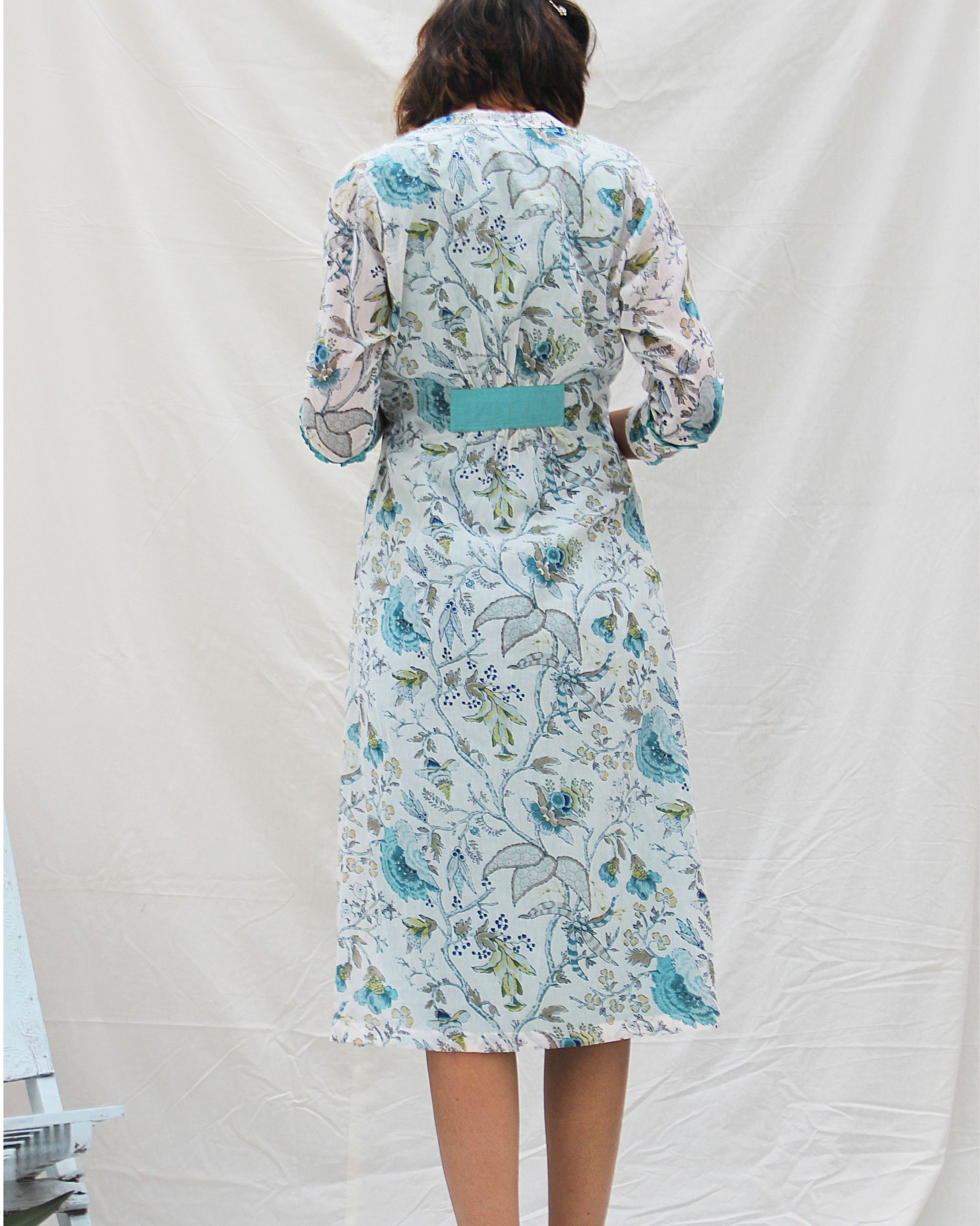 Plain blue knot dress with printed jacket- set of two by BAISE GABA ...