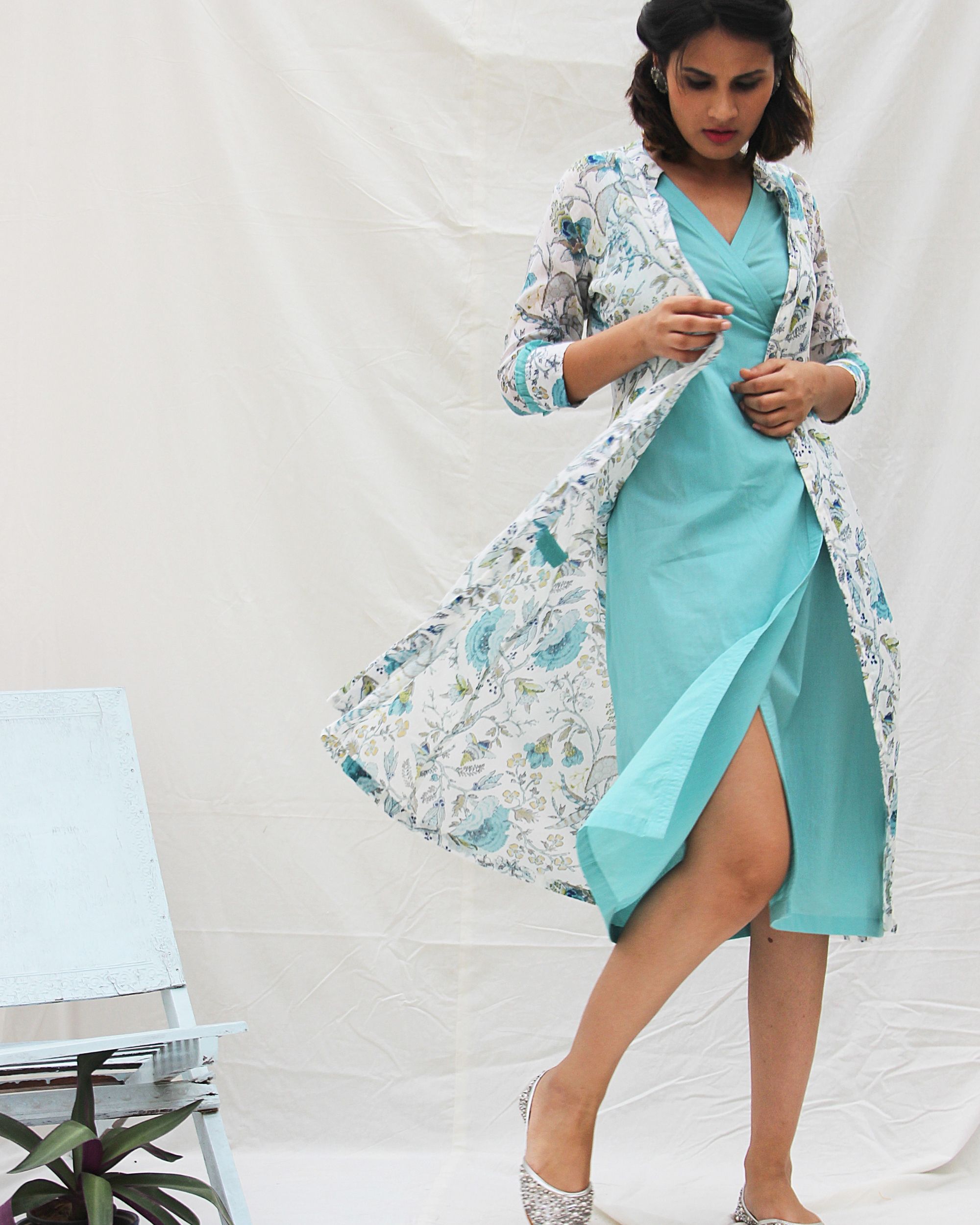 Plain blue knot dress with printed jacket- set of two by BAISE GABA ...