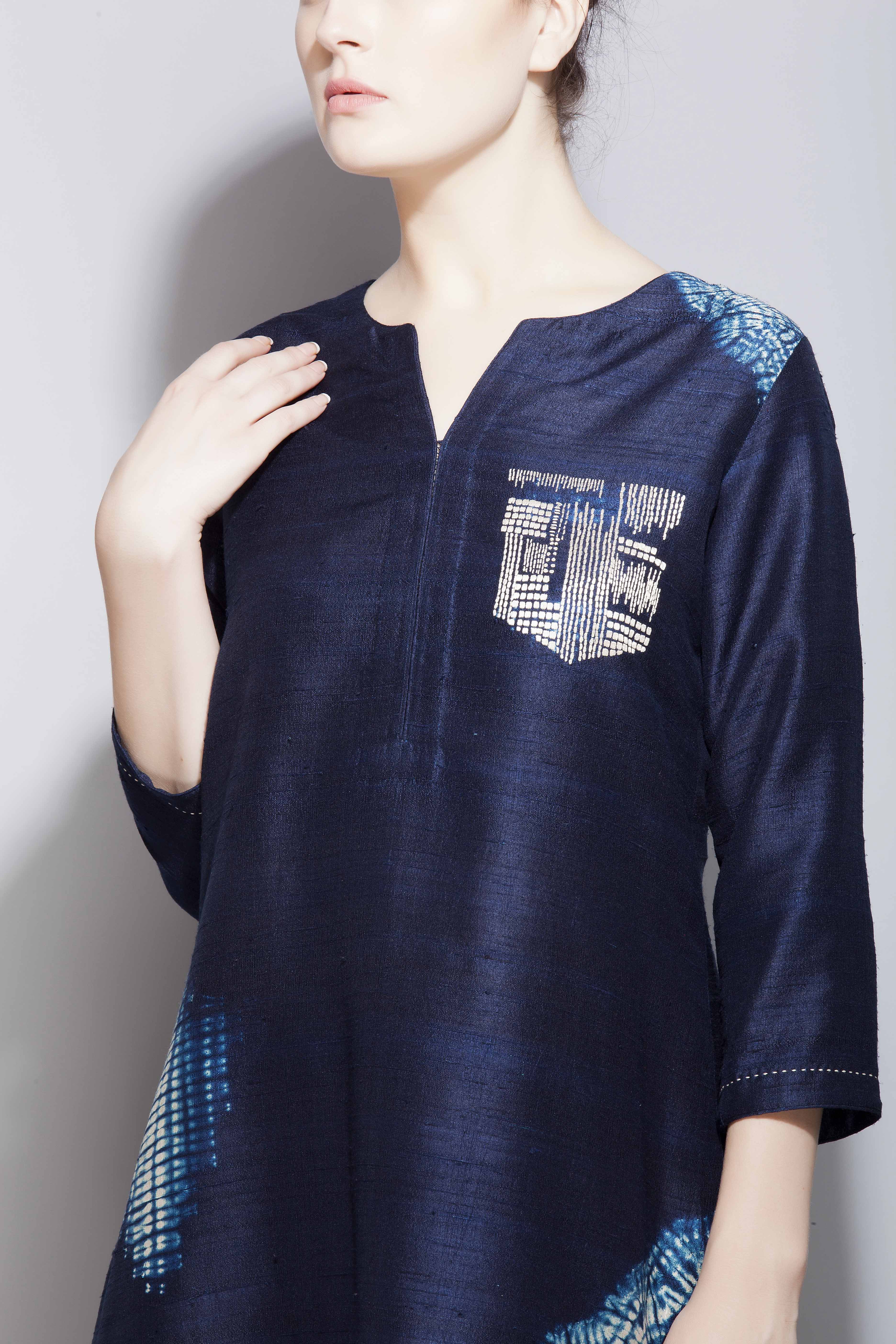 Navy blue tunic in raw silk by Divyam Mehta | The Secret Label
