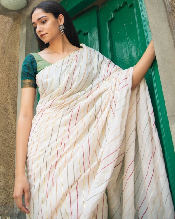 Ivory striped gota sari by I L A M R A | The Secret Label