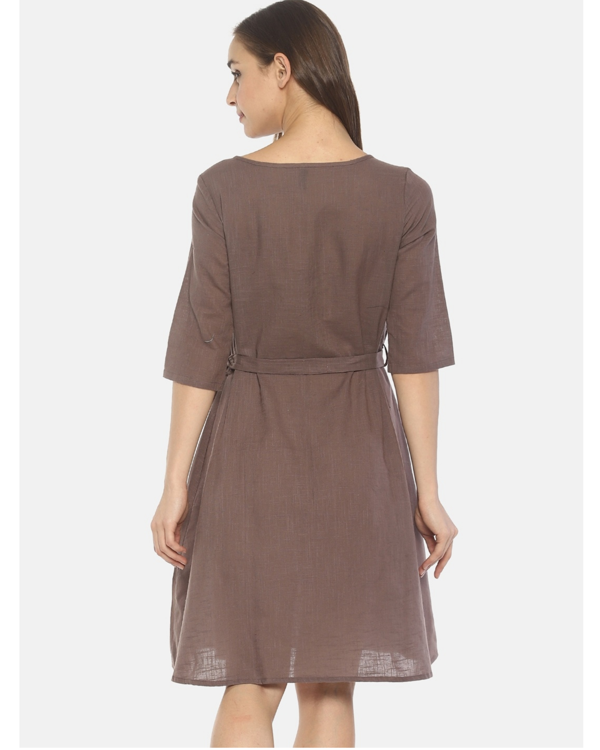 Grey panel printed dress with tie-up belt by UNTUNG | The Secret Label