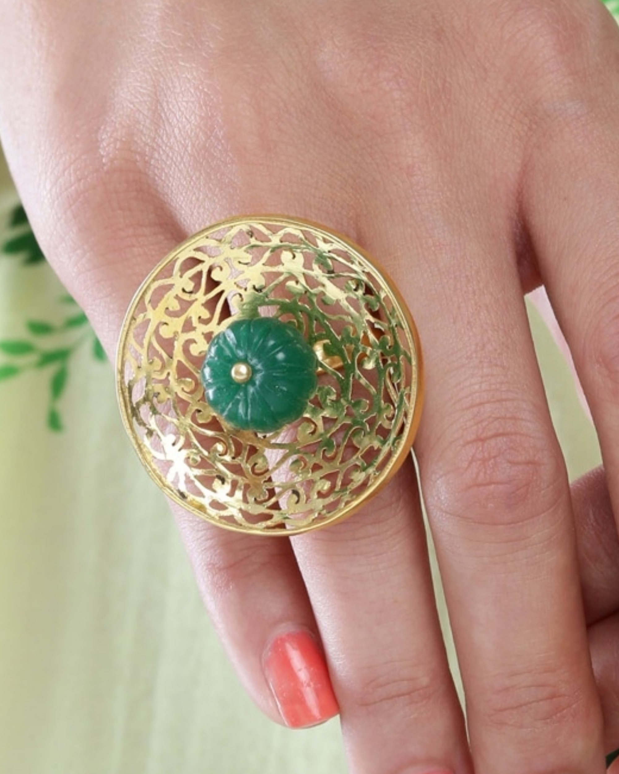 Emerald green and gold melon jali ring by Nitaara | The Secret Label