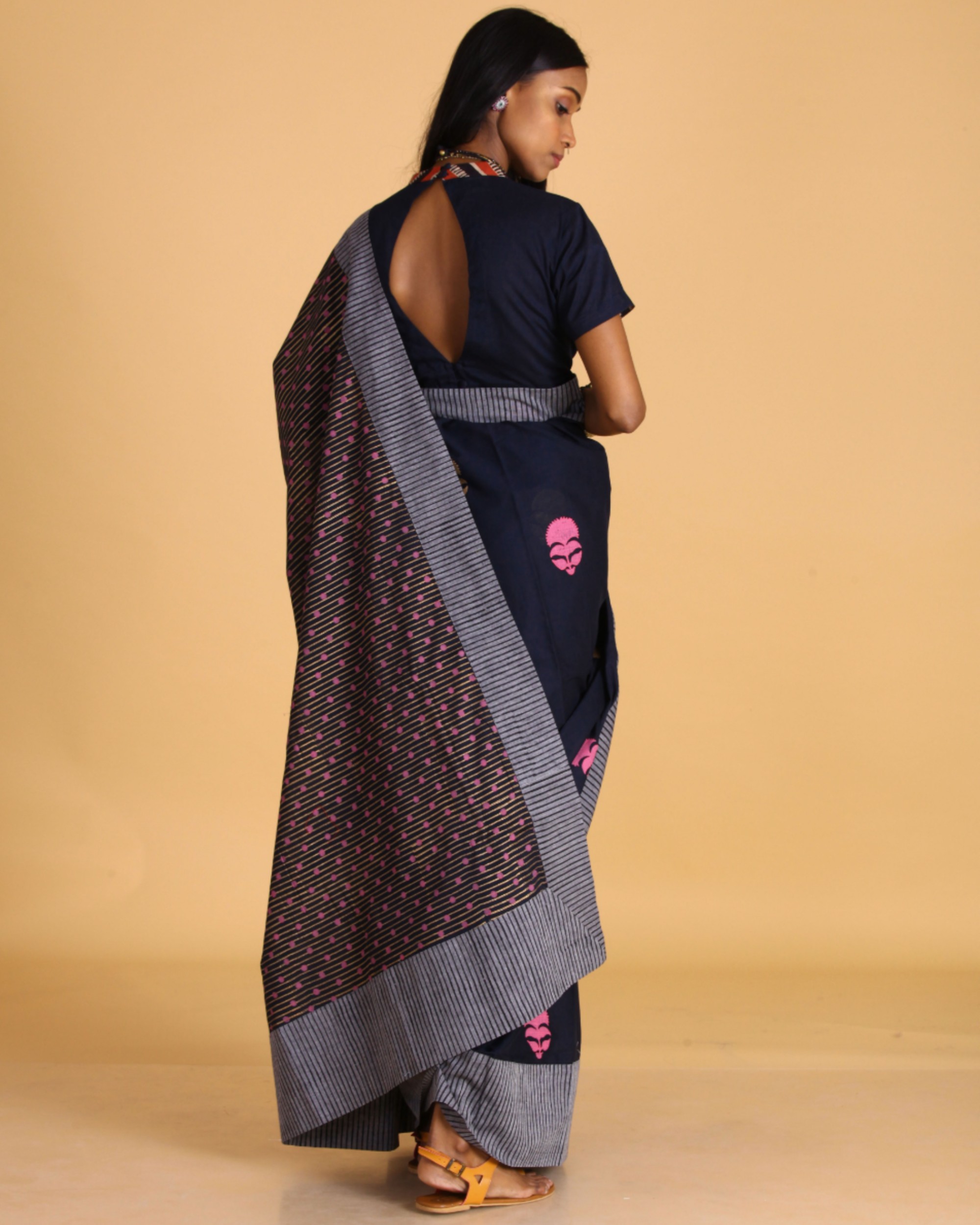 Navy blue block printed sari by ANS | The Secret Label