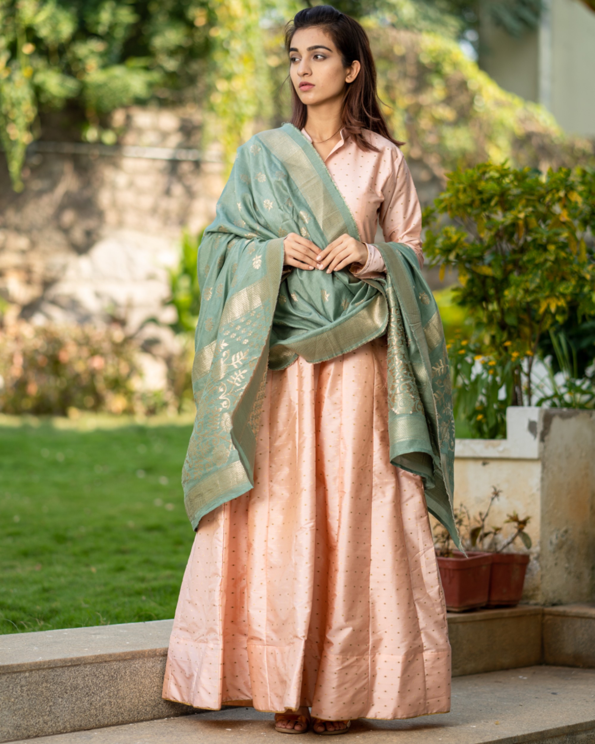 Pastel Peach Paneled Dress With Banarasi Dupatta Set Of Two By Desi
