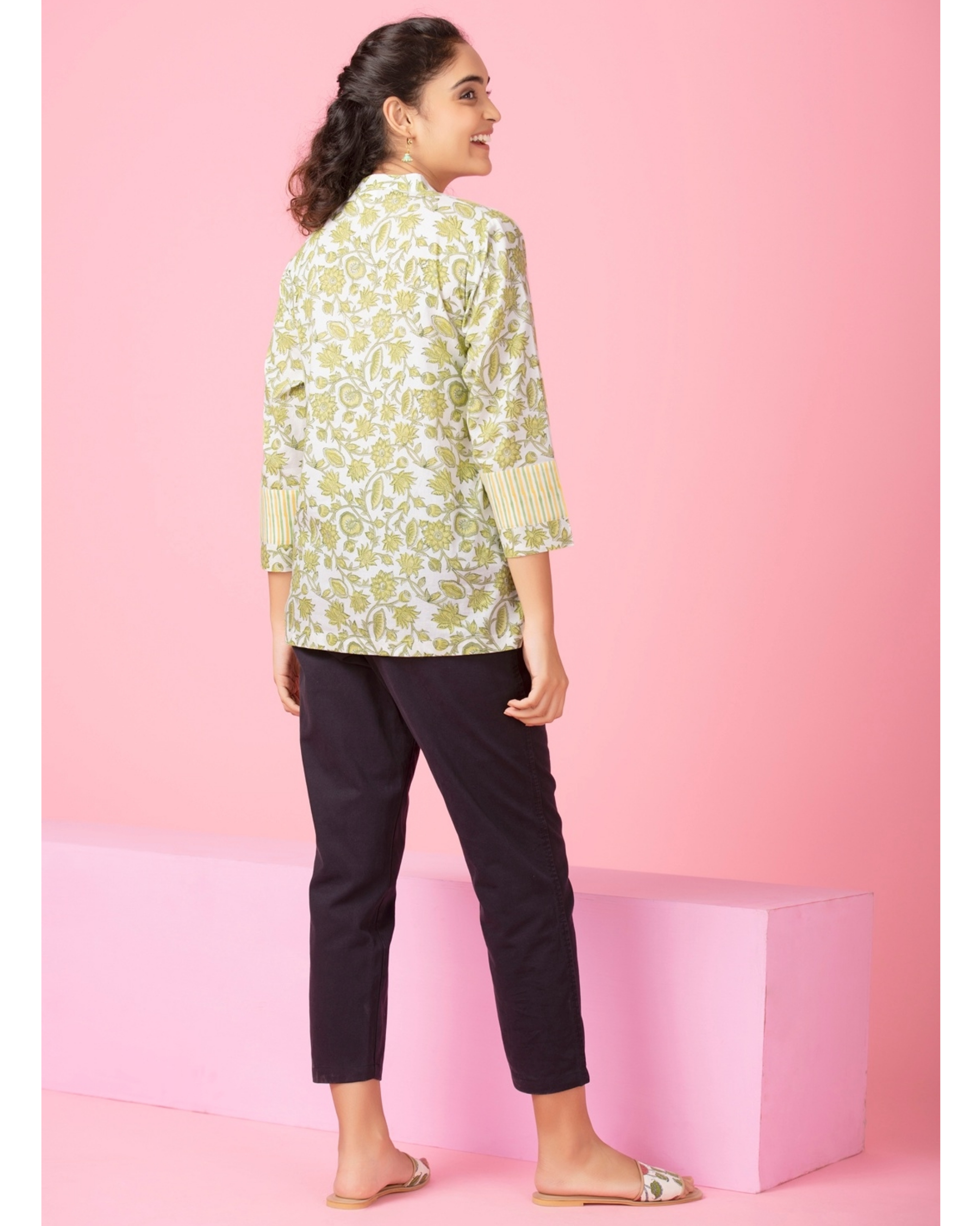 Chartreuse yellow floral printed shirt by Twirl Studio | The Secret Label