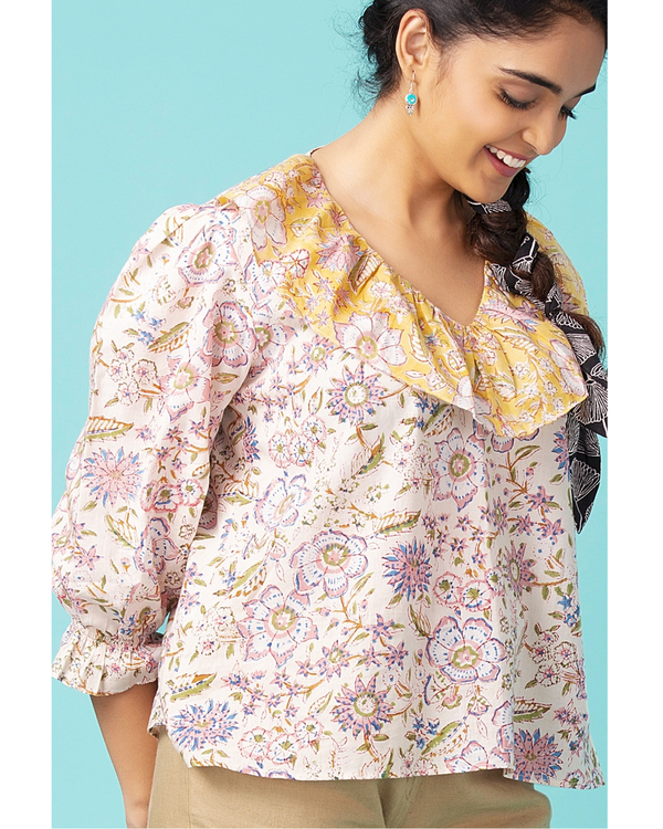 Pink and yellow floral printed top with frills by Twirl Studio | The ...