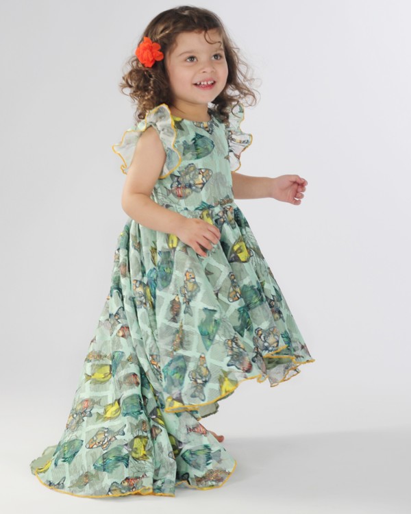 Mint green high low motif printed dress by Bloomary | The Secret Label