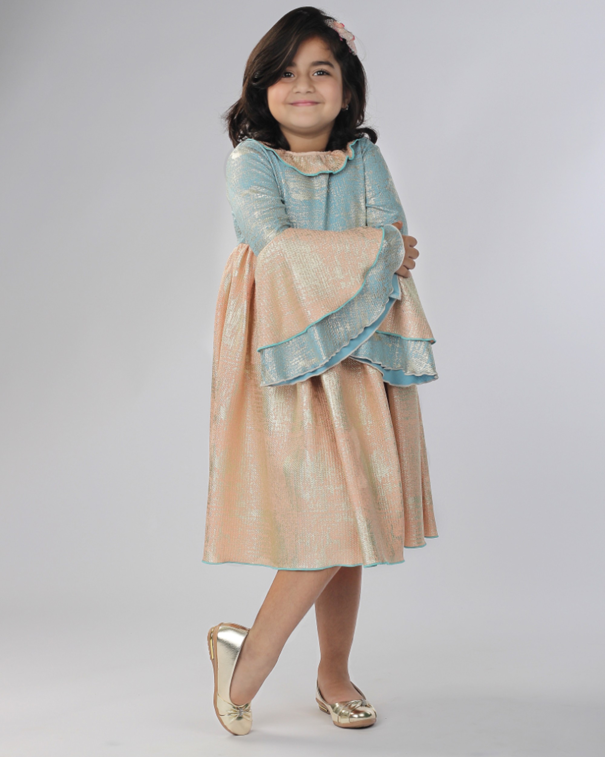 Powder blue and peach foil printed dress by Bloomary | The Secret Label