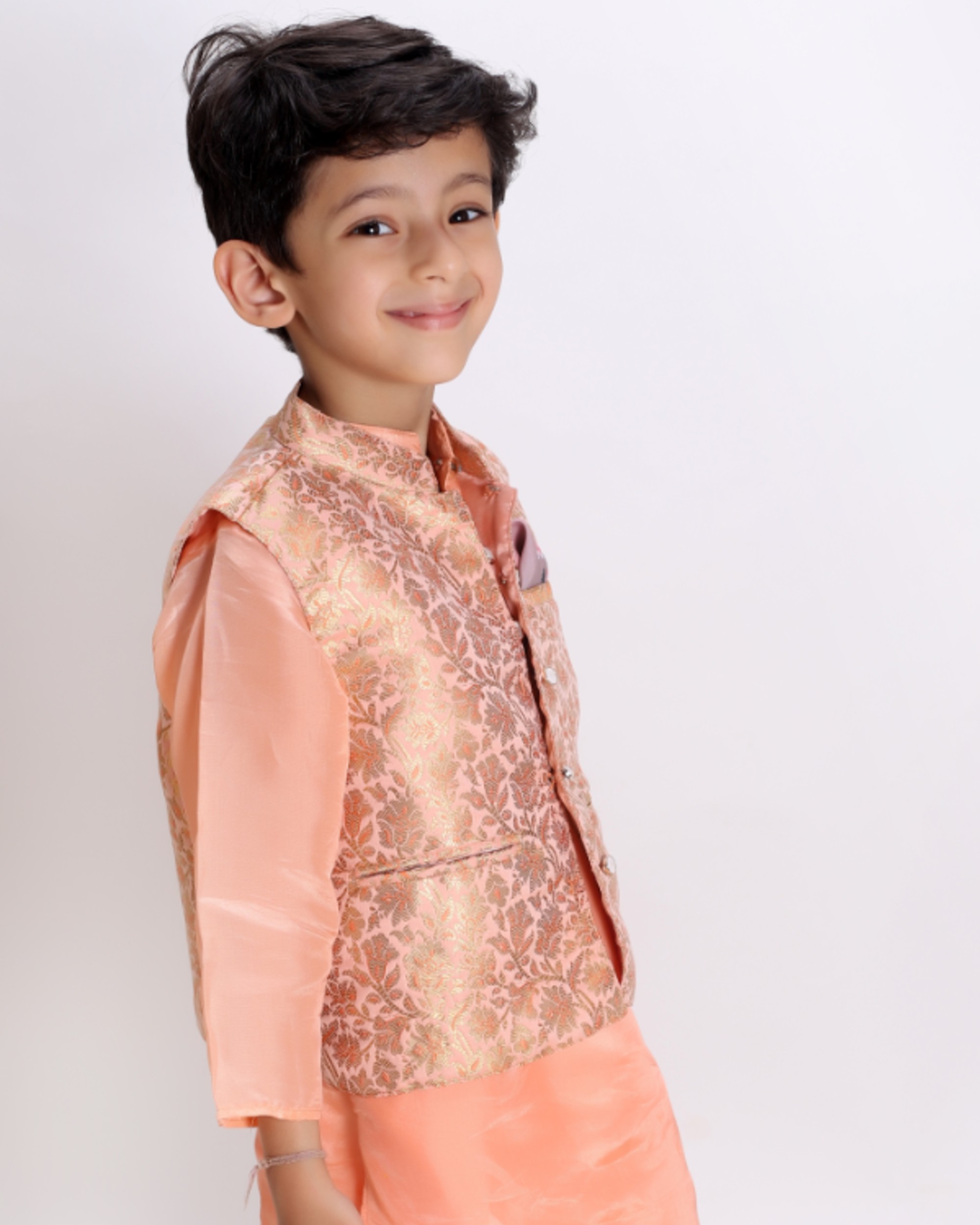 Peach kurta pyjama and jacket set - set of three by Bloomary | The ...