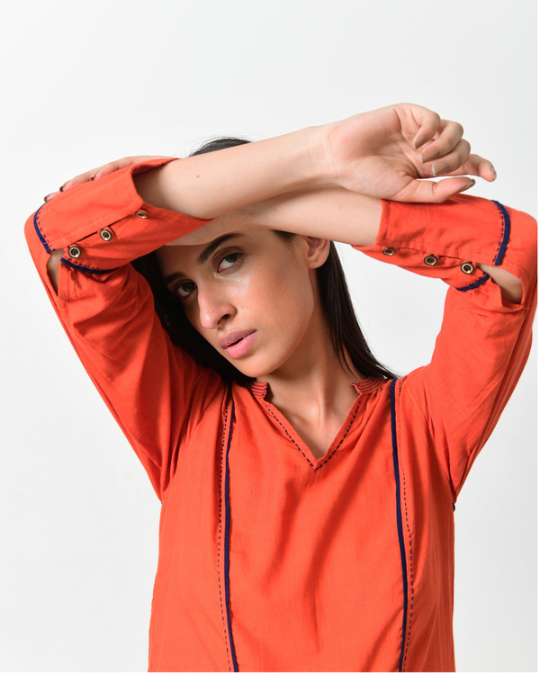 Rustic orange high low gathered midi dress by Rias | The Secret Label